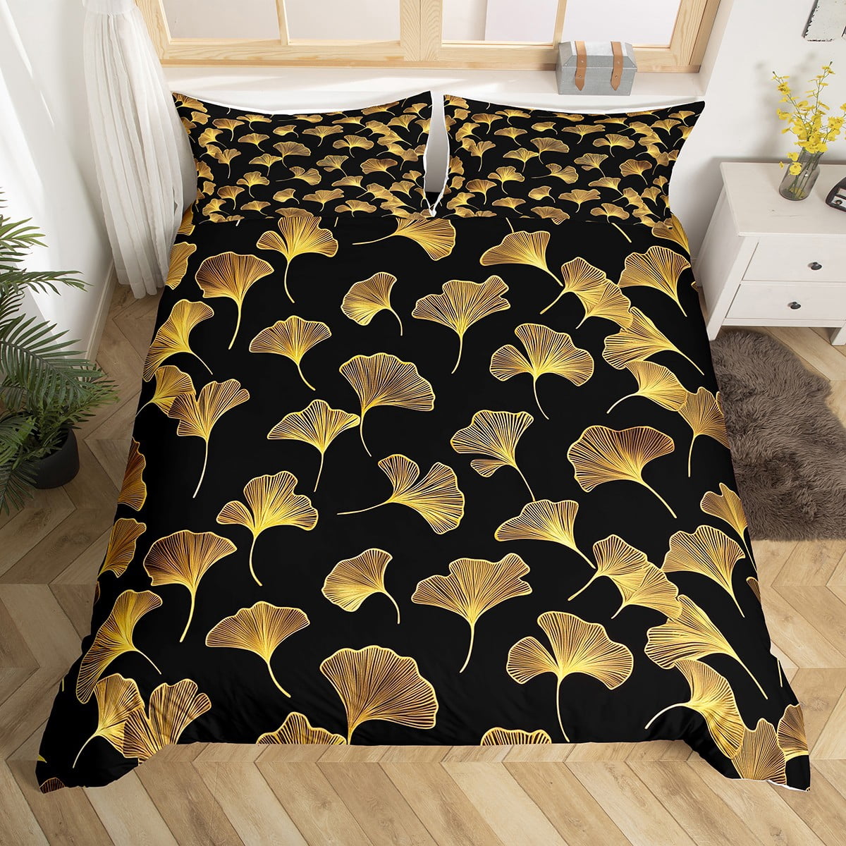 Ginkgo Leaf Pattern Duvet Cover Fall Theme Botanical King Bedding Set ...