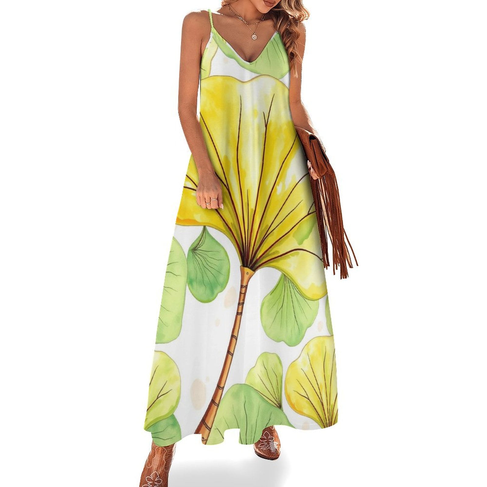 Ginkgo Leaf Sketch And Watercolor Pattern Sleeveless Dress Beach Outfits for Women Luxury Dress ...