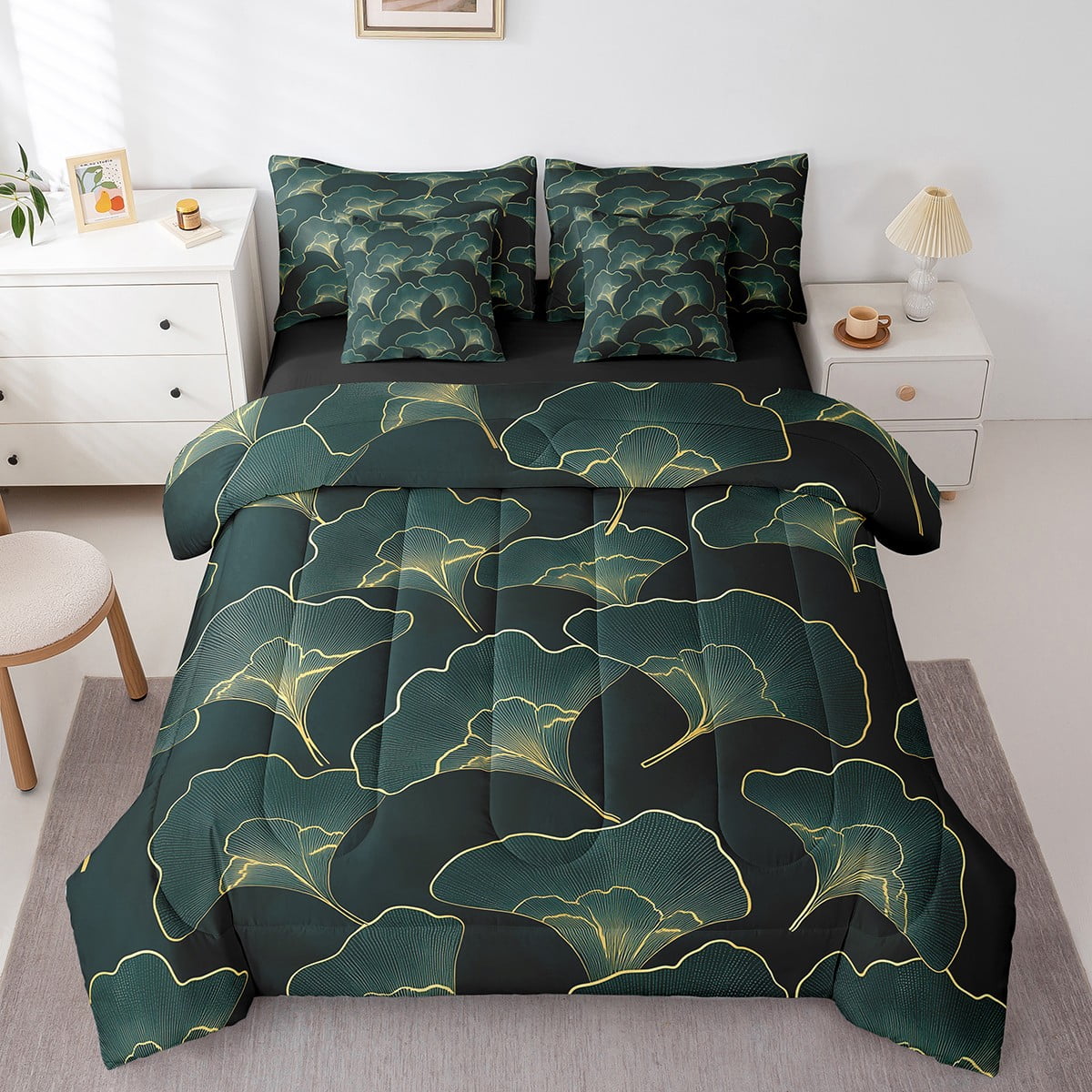 Ginkgo Leaves Bed in a Bag King Size Comforter Set 7 Pieces,Golden ...