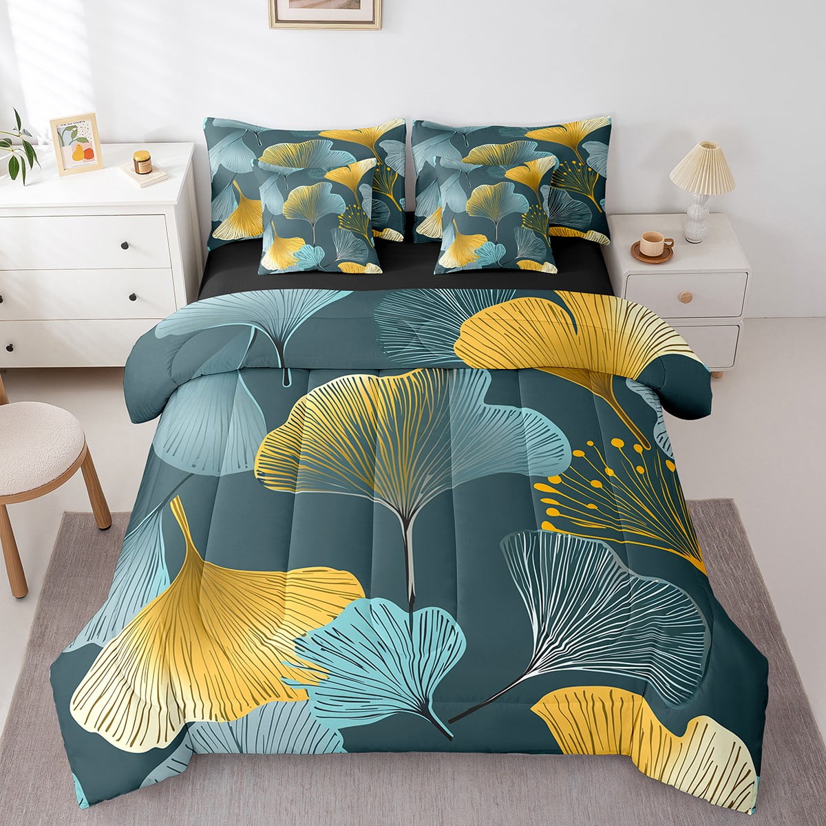 Ginkgo Leaves Bed in a Bag King Size Comforter Set 7 Pieces,Yellow Teal ...