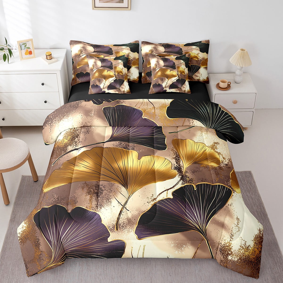 Ginkgo Leaves Bed in a Bag Queen Comforter Set 7 Piece,Golden Ginkgo Biloba Leaf Bedding Sets ...