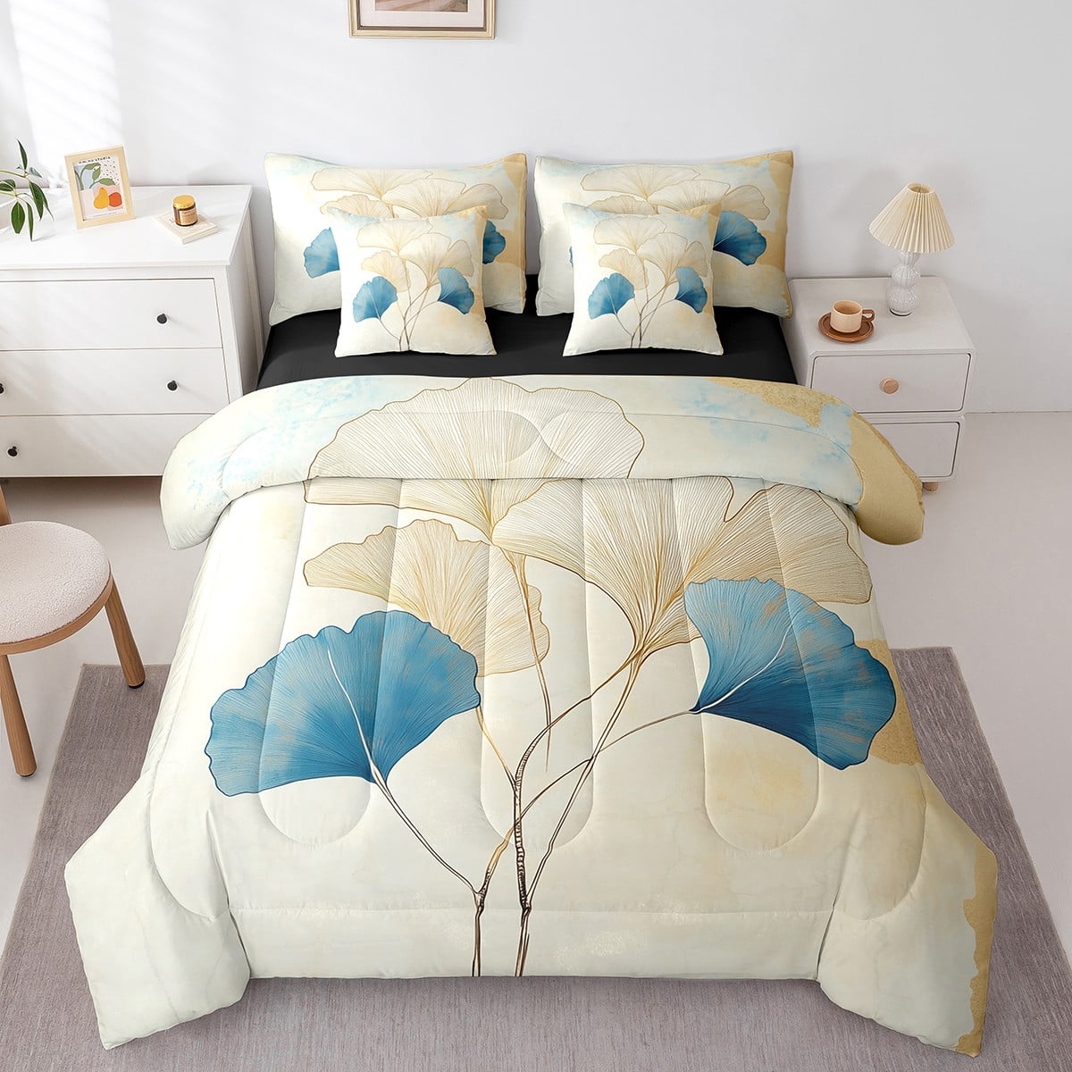 Ginkgo Leaves Comforter Set 7 Piece Bed in a Bag Twin,Brown Blue Ginkgo ...
