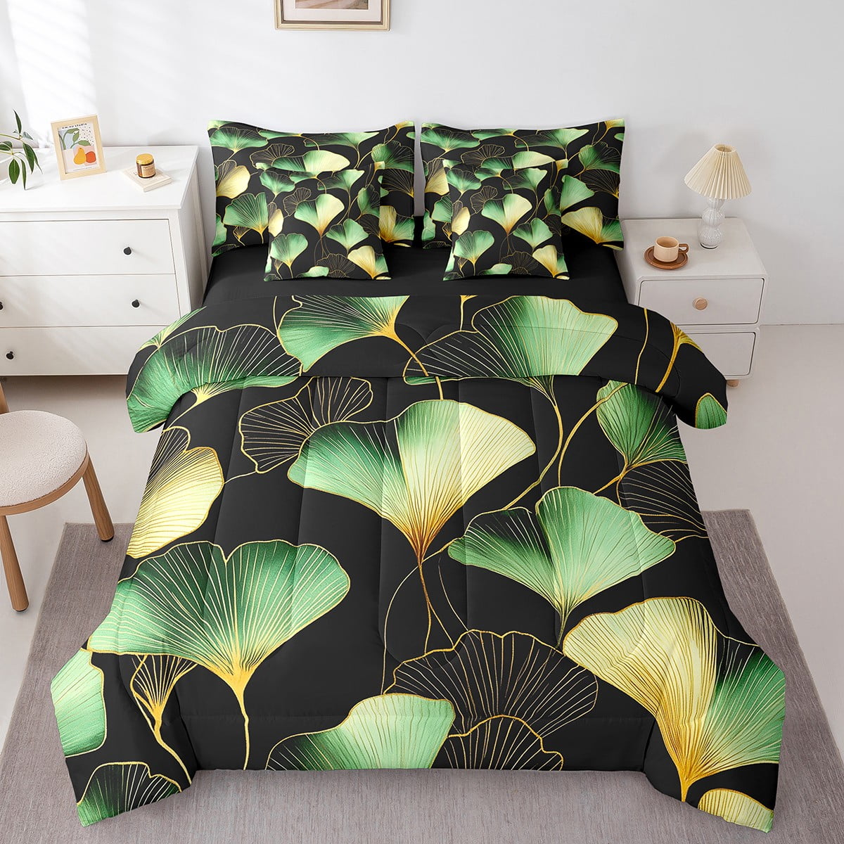 Ginkgo Leaves Comforter Set 7 Piece Bed in a Bag Twin,Ginkgo Biloba Leaf Bedding Sets Botanical ...
