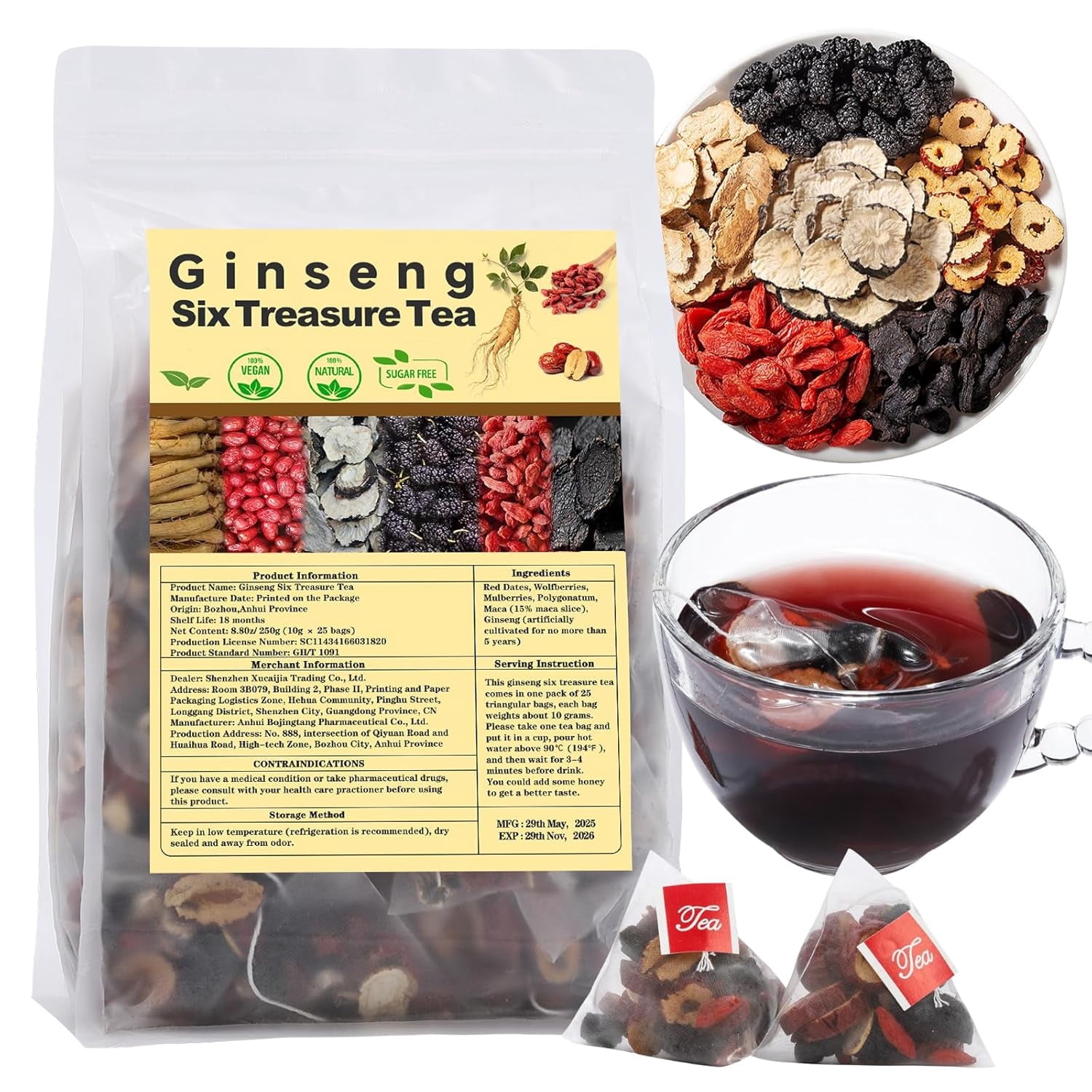 MindyLLL Ginseng Six Treasure Tea, 25 Bags, Traditional Chinese Herbal ...