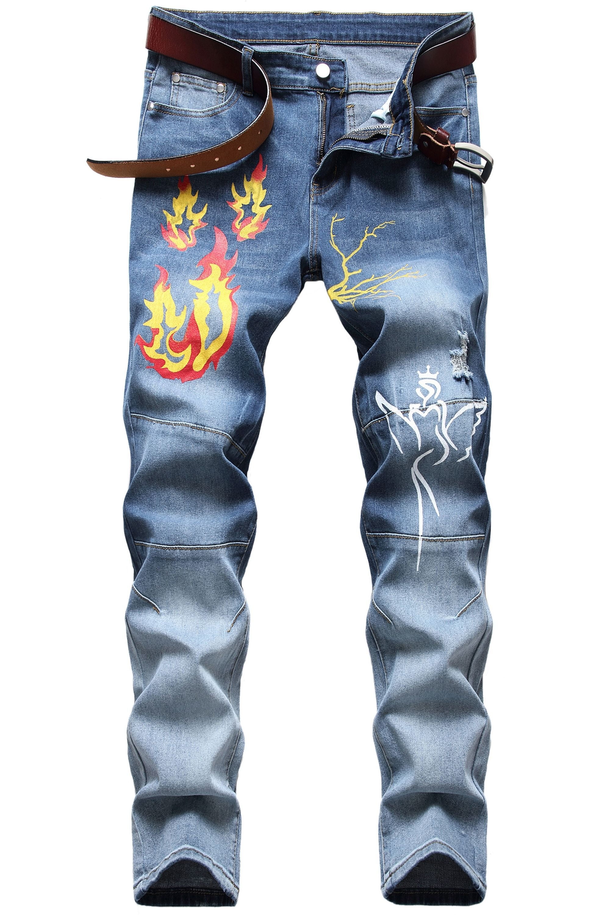 Ginsiom Men's Slim Fit Stretch Jeans, Printed Denim Pants, Classic ...