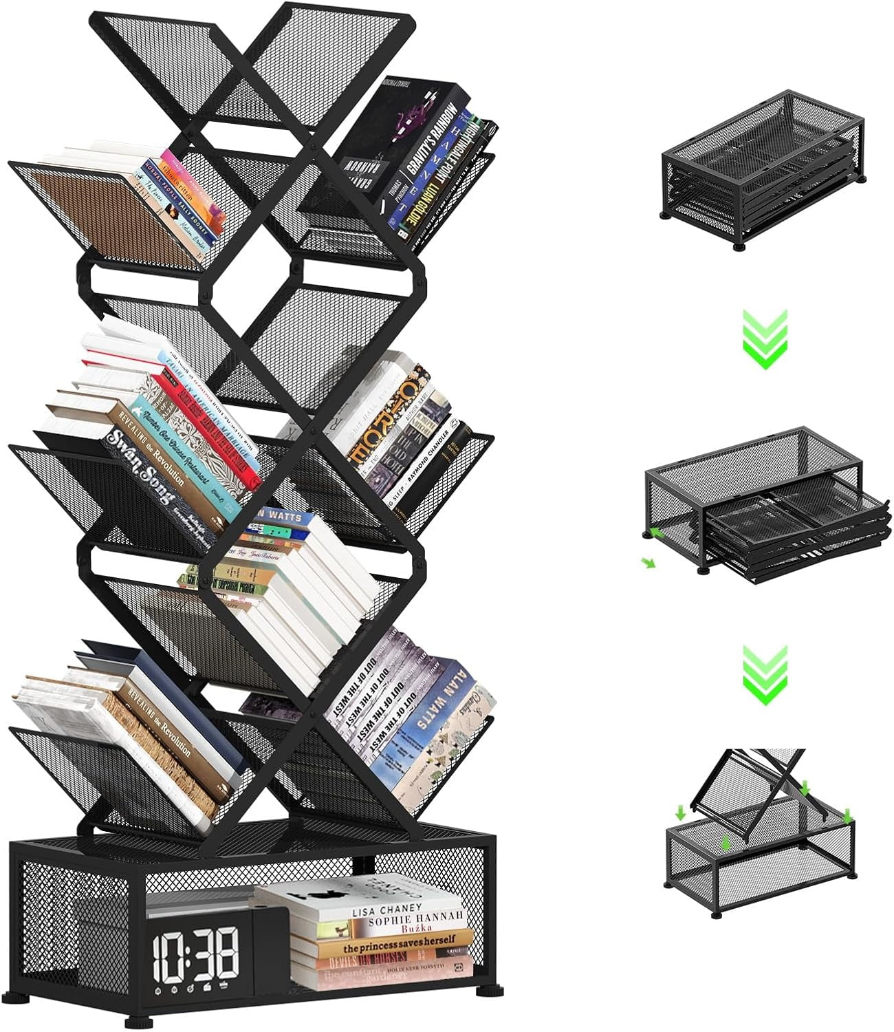 9-Tier Space Saving Bookshelf with Storage,Bedroom Shelves Folding ...