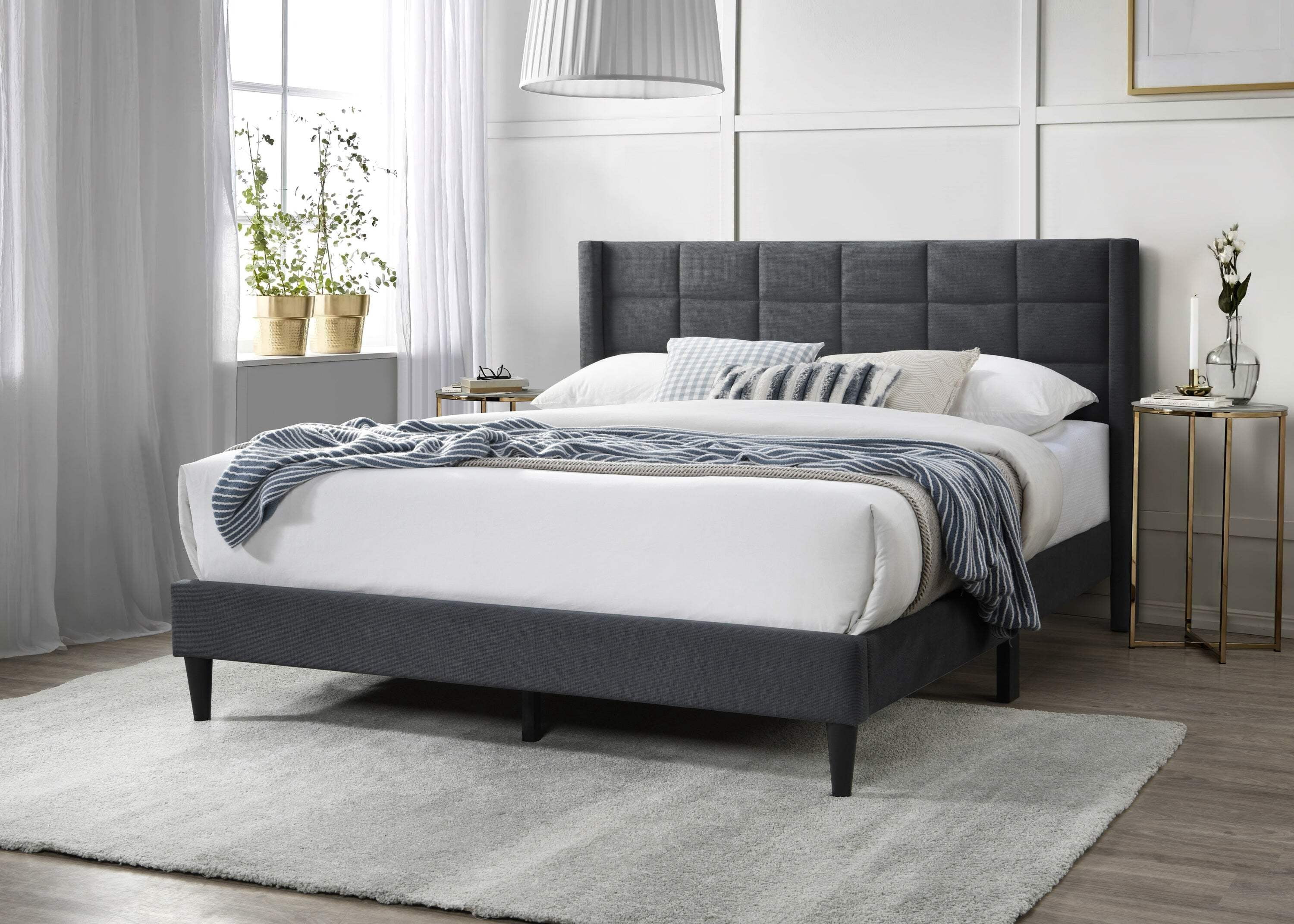 Ginza Elegant Modern Charcoal Brushed Linen Queen Size Bed with ...