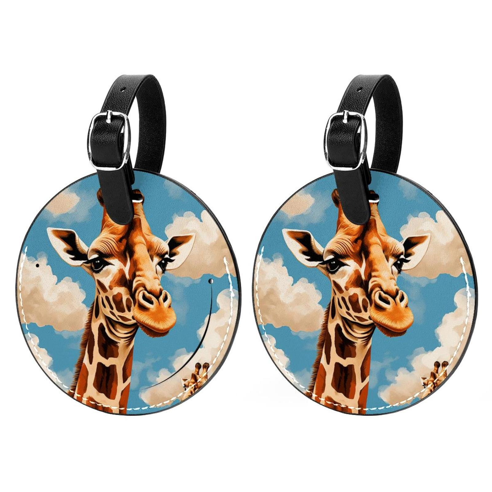 Giraffe 2Pcs PU Leather Round Luggage Tags with Privacy Cover and Name ...