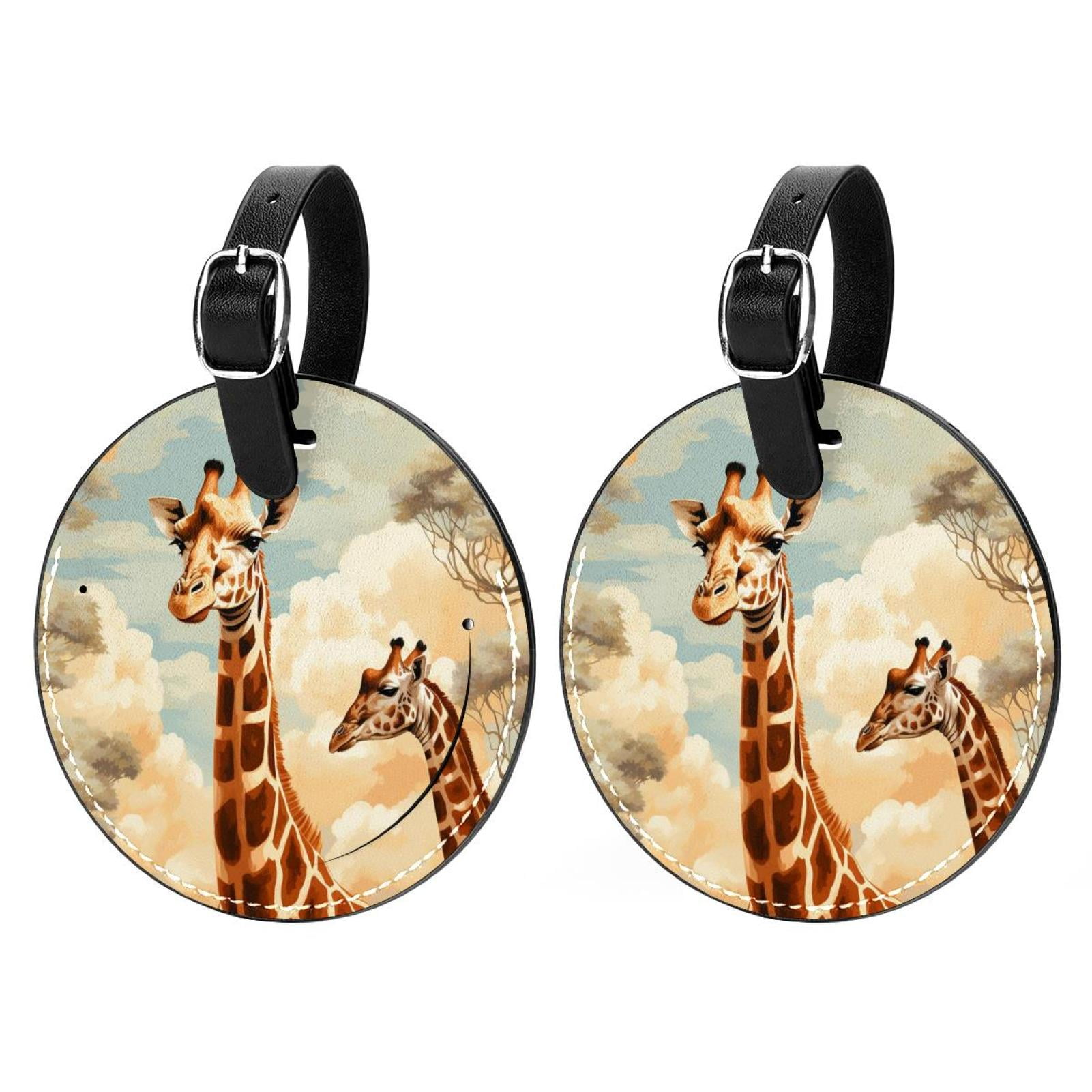 Giraffe 2Pcs PU Leather Round Luggage Tags with Privacy Cover and Name ...