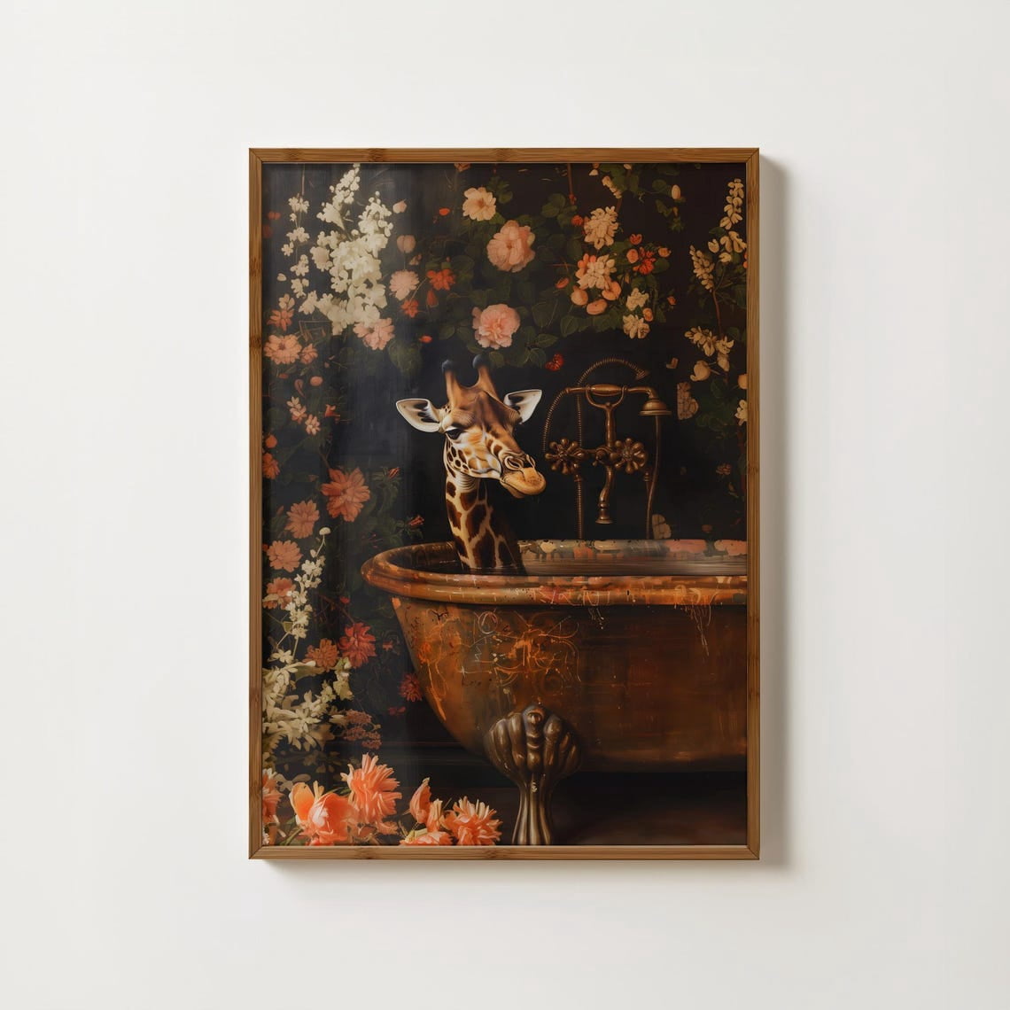 Giraffe In Bath Print Giraffe In Tub Print Floral Bathroom Art Jungle ...