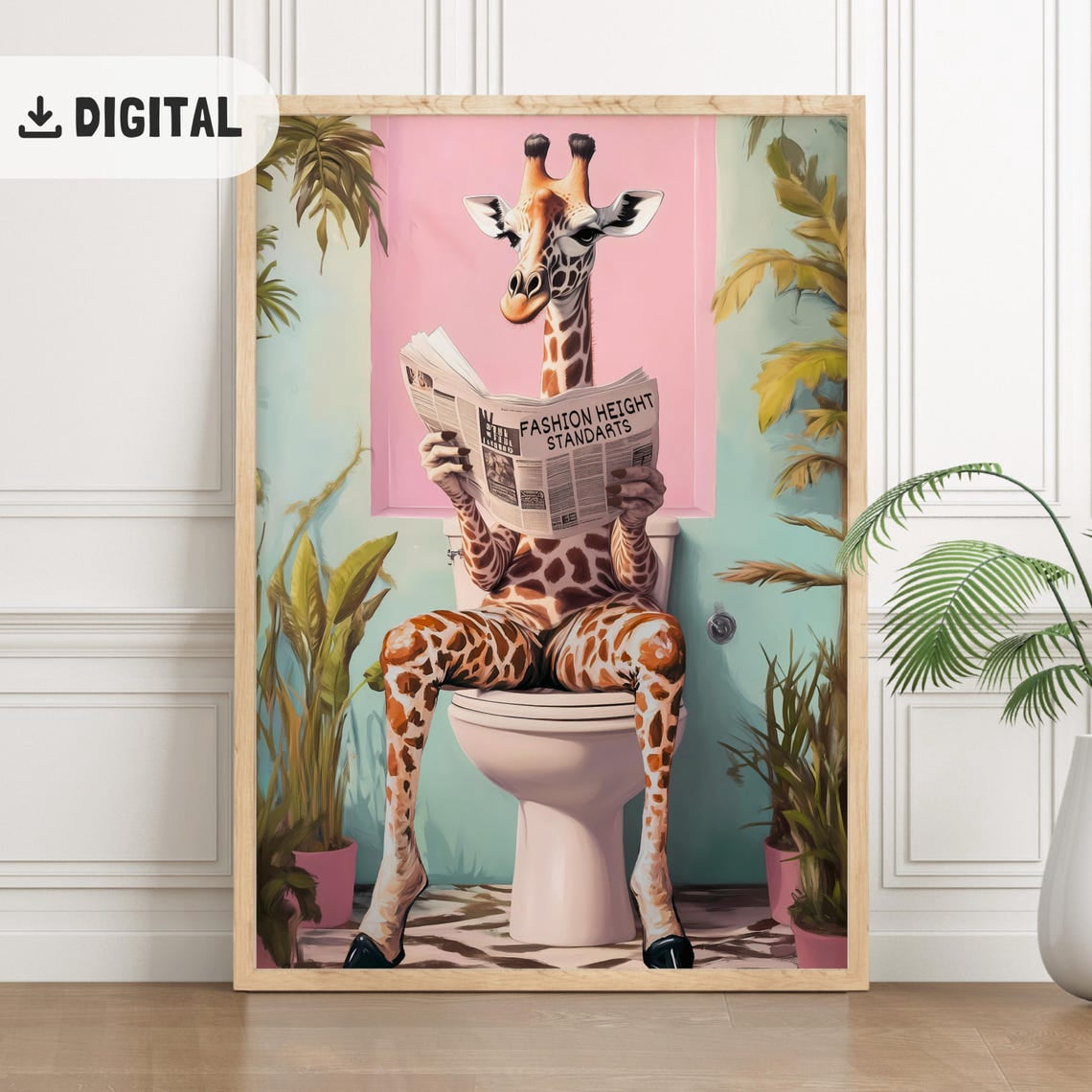 Giraffe Bathroom Poster, Wild Animal On Tet Wall Art, Giraffe Pooping ...