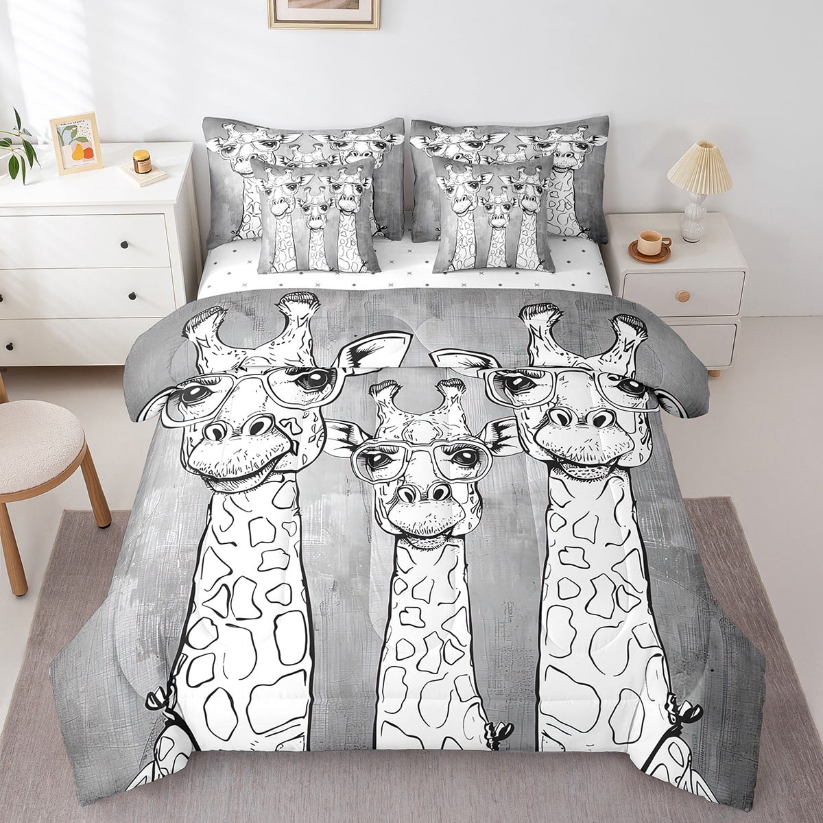 Giraffe Bed in a Bag 7 Piece,Cute Animal Bedding Sets Gray White Wild ...