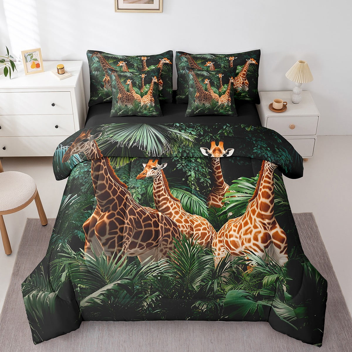 Giraffe Bedding Twin Size 7Pcs Bed in a Bag,Tropical Wildlife Printed Microfiber Comforter Set ...