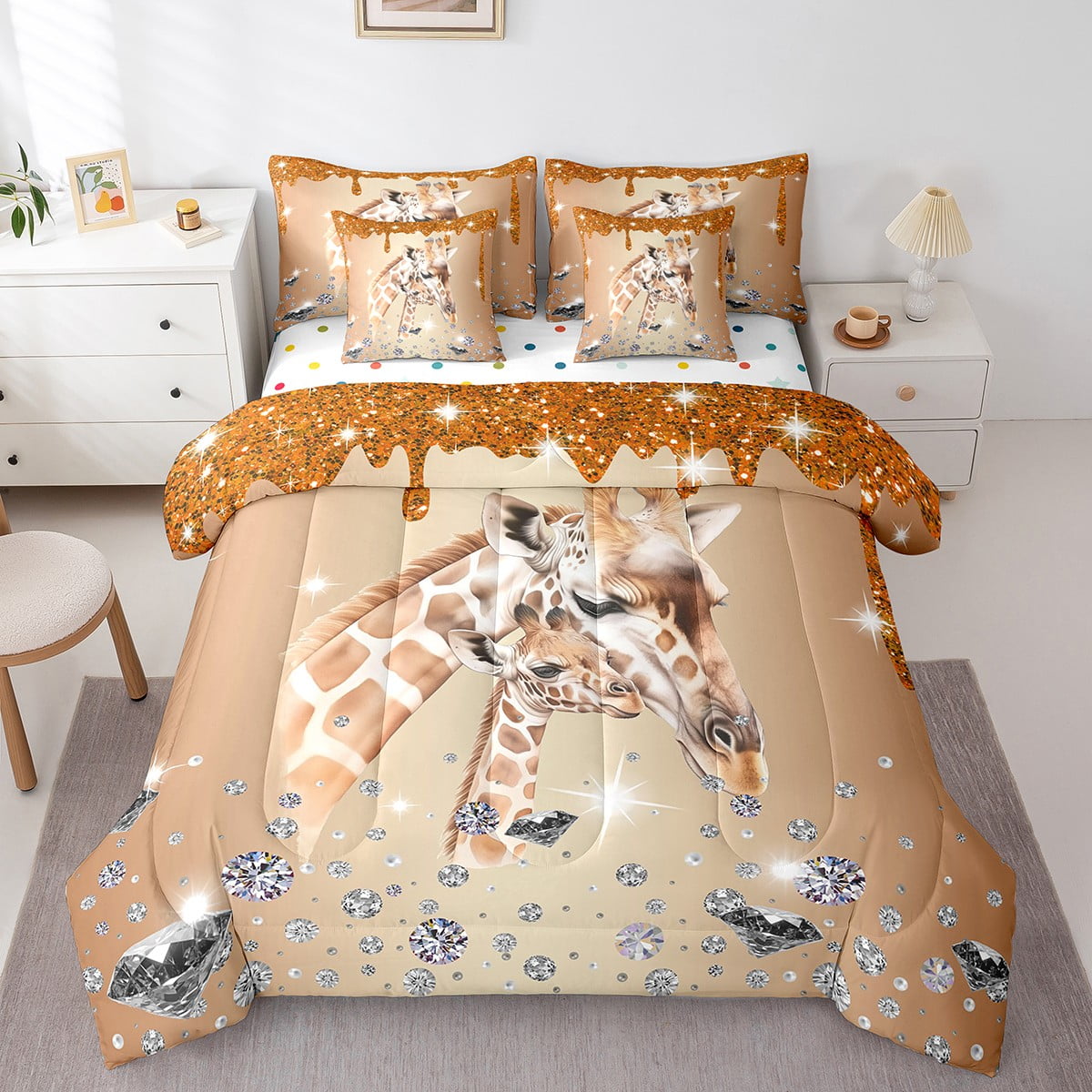 Giraffe Comforter Set 7 Piece Bed in a Bag Twin,Brown Sequin Fluid Art ...