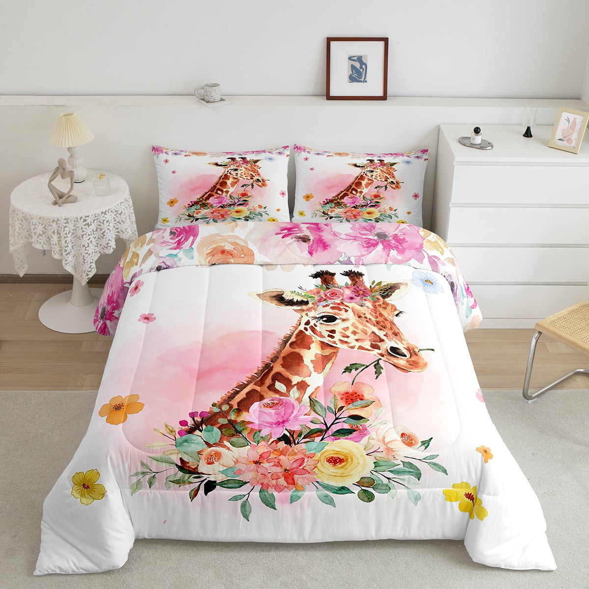 Giraffe Comforter Set Boho Floral Twin Bedding Set ,Cute Wild Animal ...