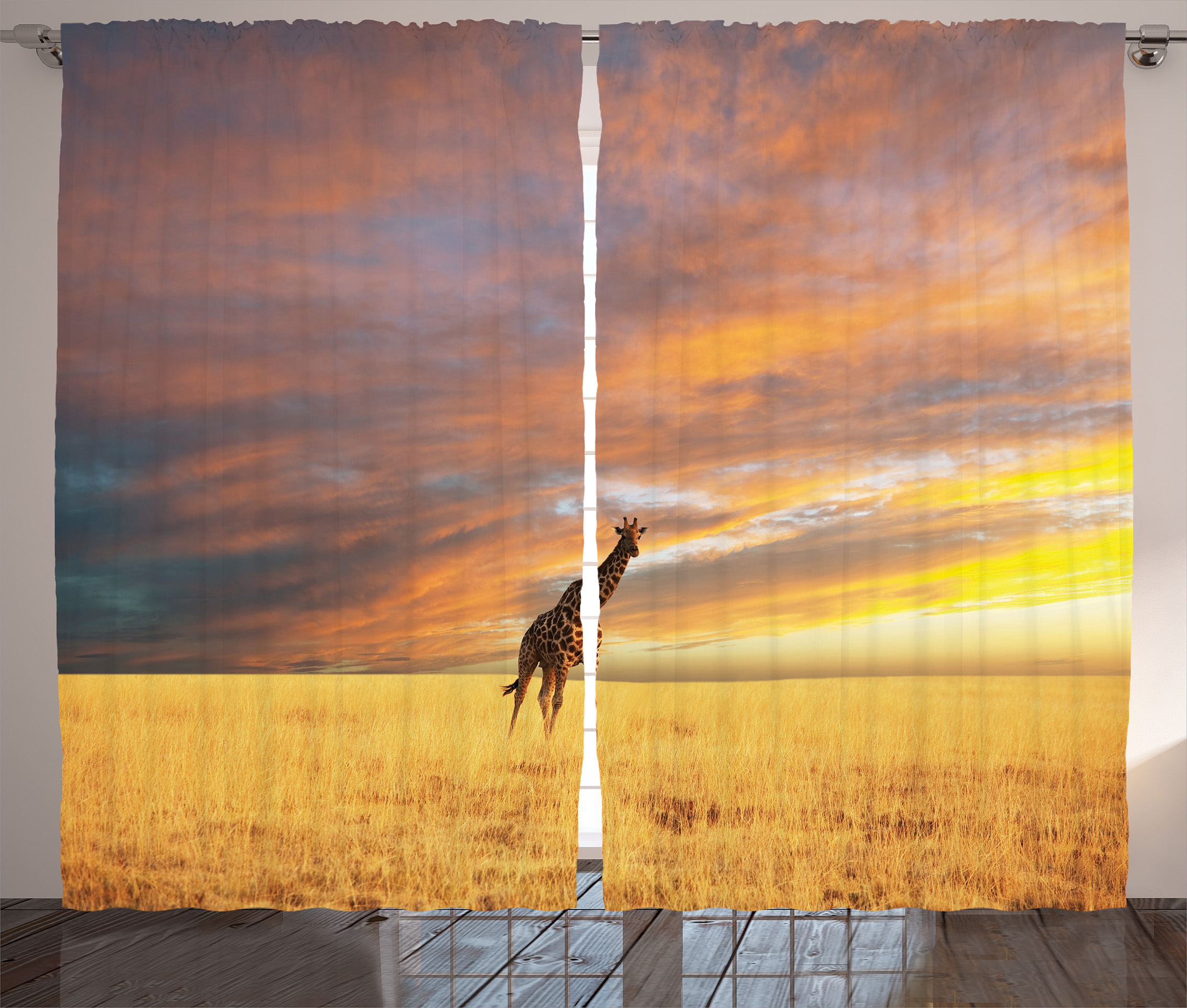 Ambesonne Giraffe Curtains 2 Panel Set, Wildlife, 108" x 84", Yellow ...