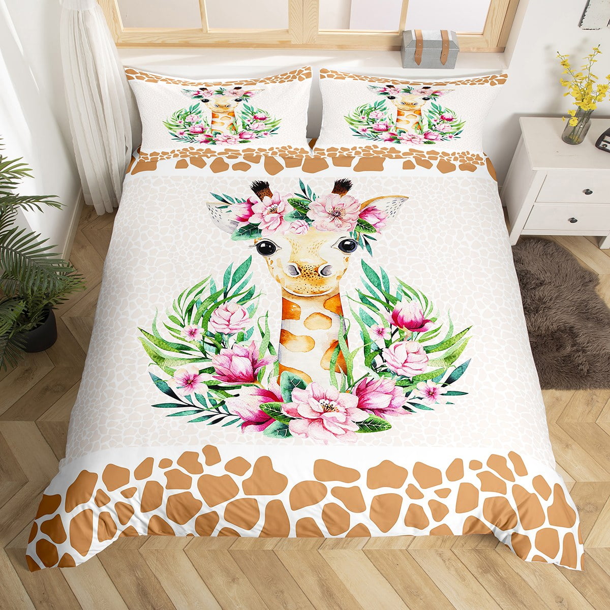 Giraffe Duvet Cover Bohemian Flower Wreath Bedding Set for Kids Toddler ...