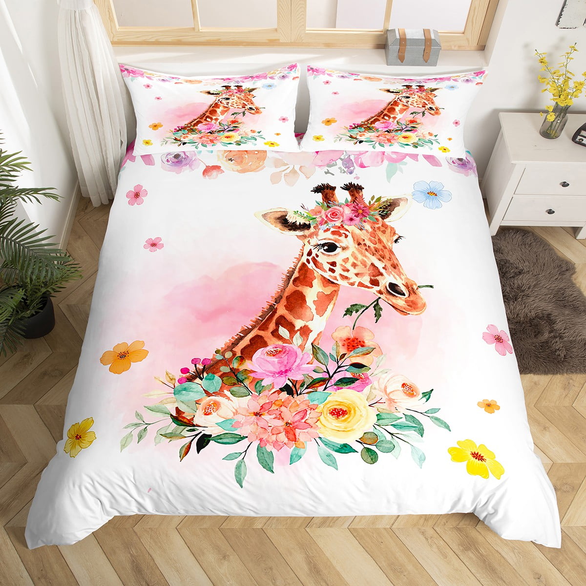 Giraffe Duvet Cover Boho Floral Full Bedding Set,Cute Wild Animal ...