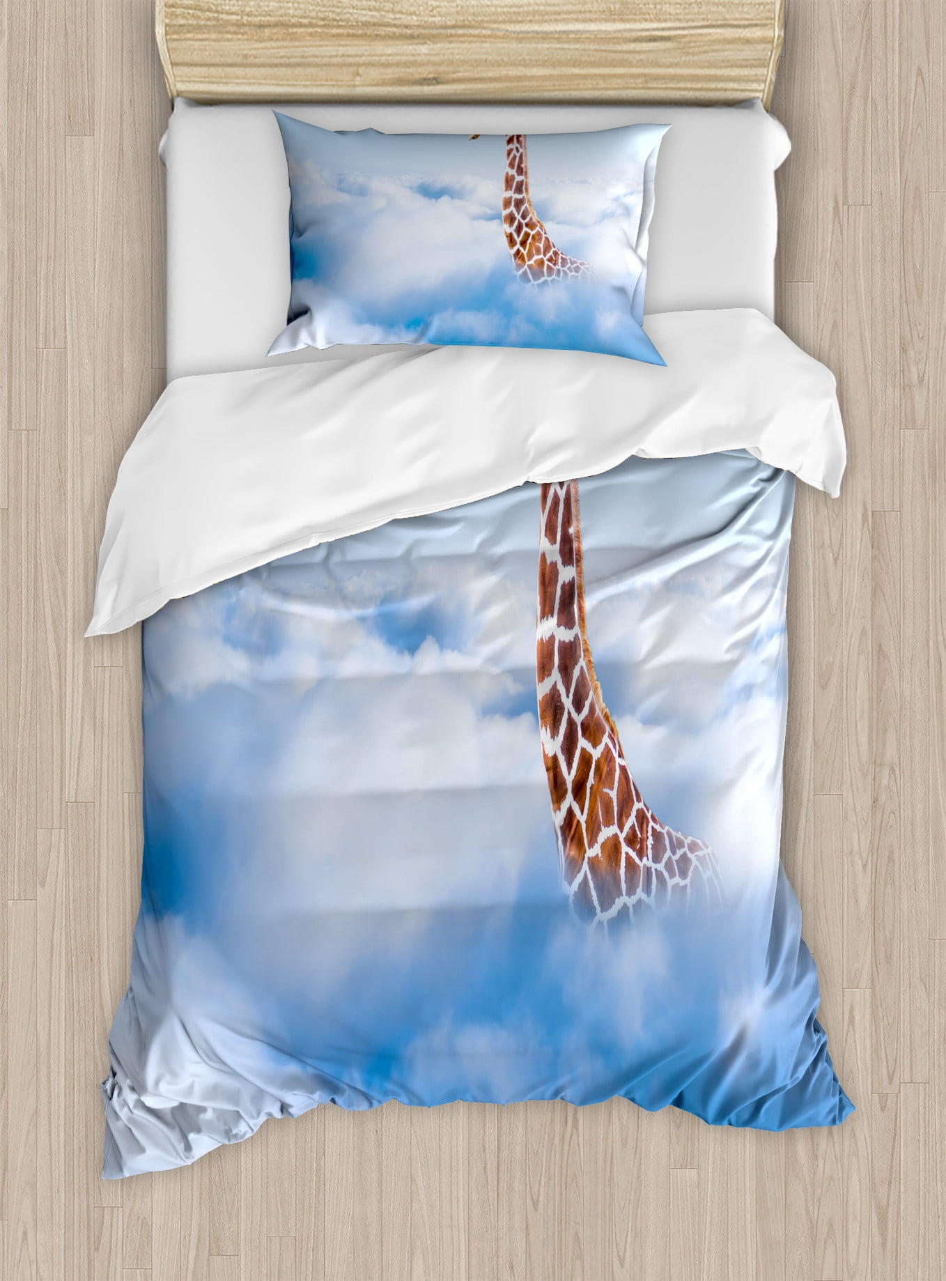 Giraffe Duvet Cover Set, Aerial Scene of a Flying Animal in Fluffy ...