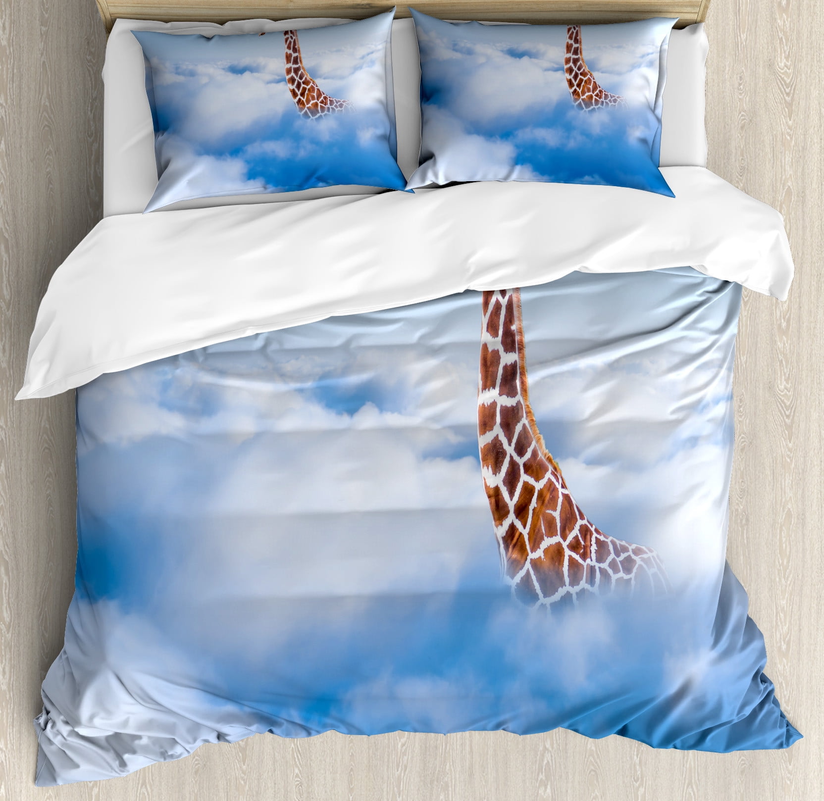 Giraffe Duvet Cover Set, Aerial Scene of a Flying Animal in Fluffy ...