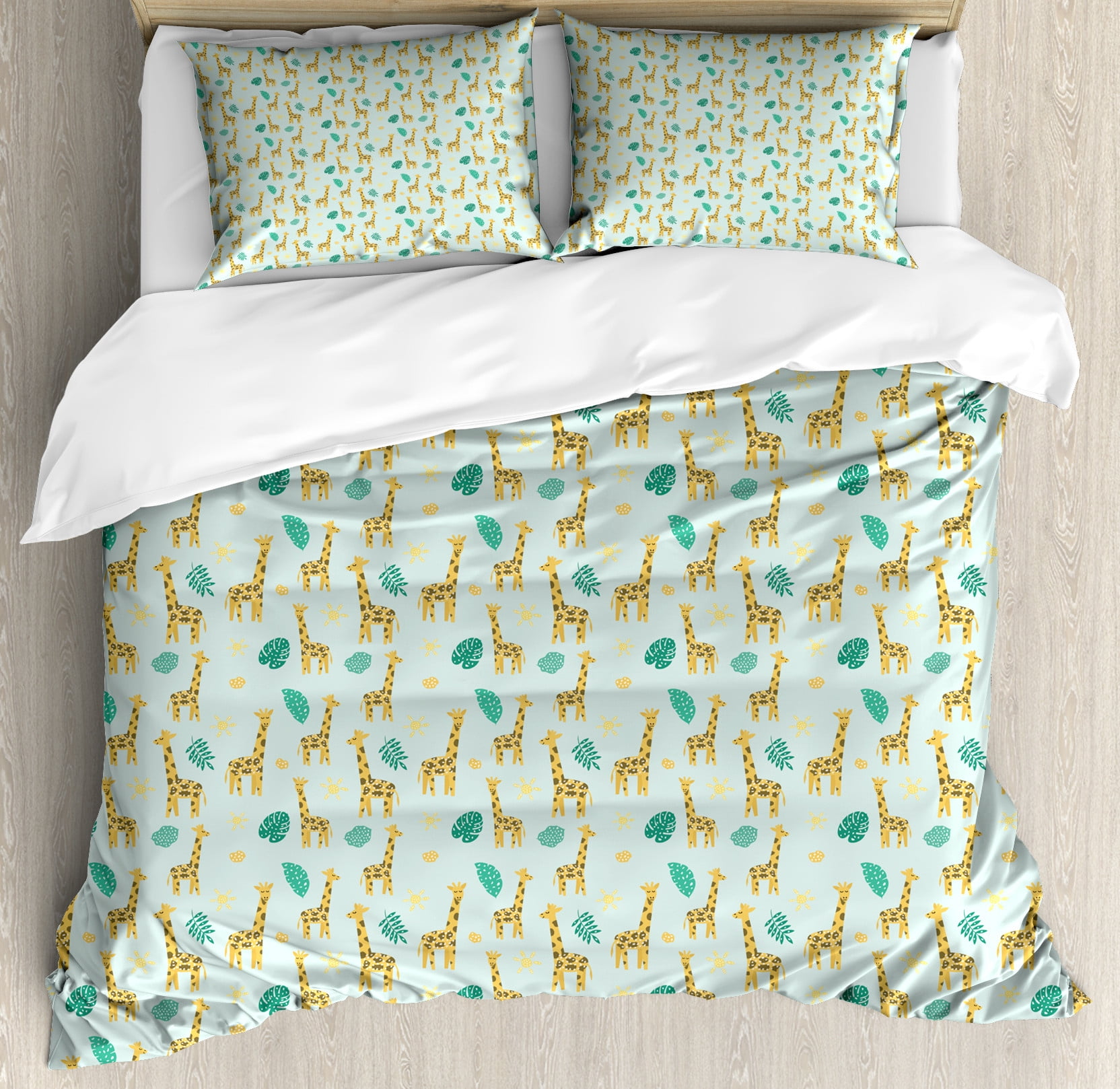 Giraffe Duvet Cover Set, Continuous Monstera Sun Symbol Giraffes Dotted ...