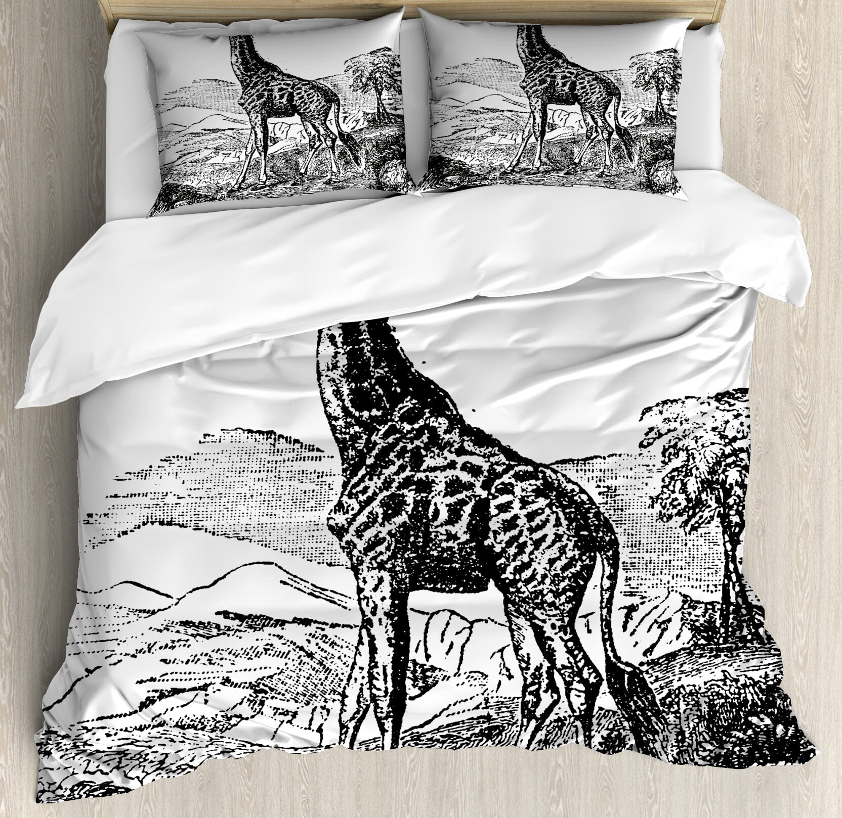 Giraffe Duvet Cover Set, Engraving Natural History Trees Hills Pattern ...