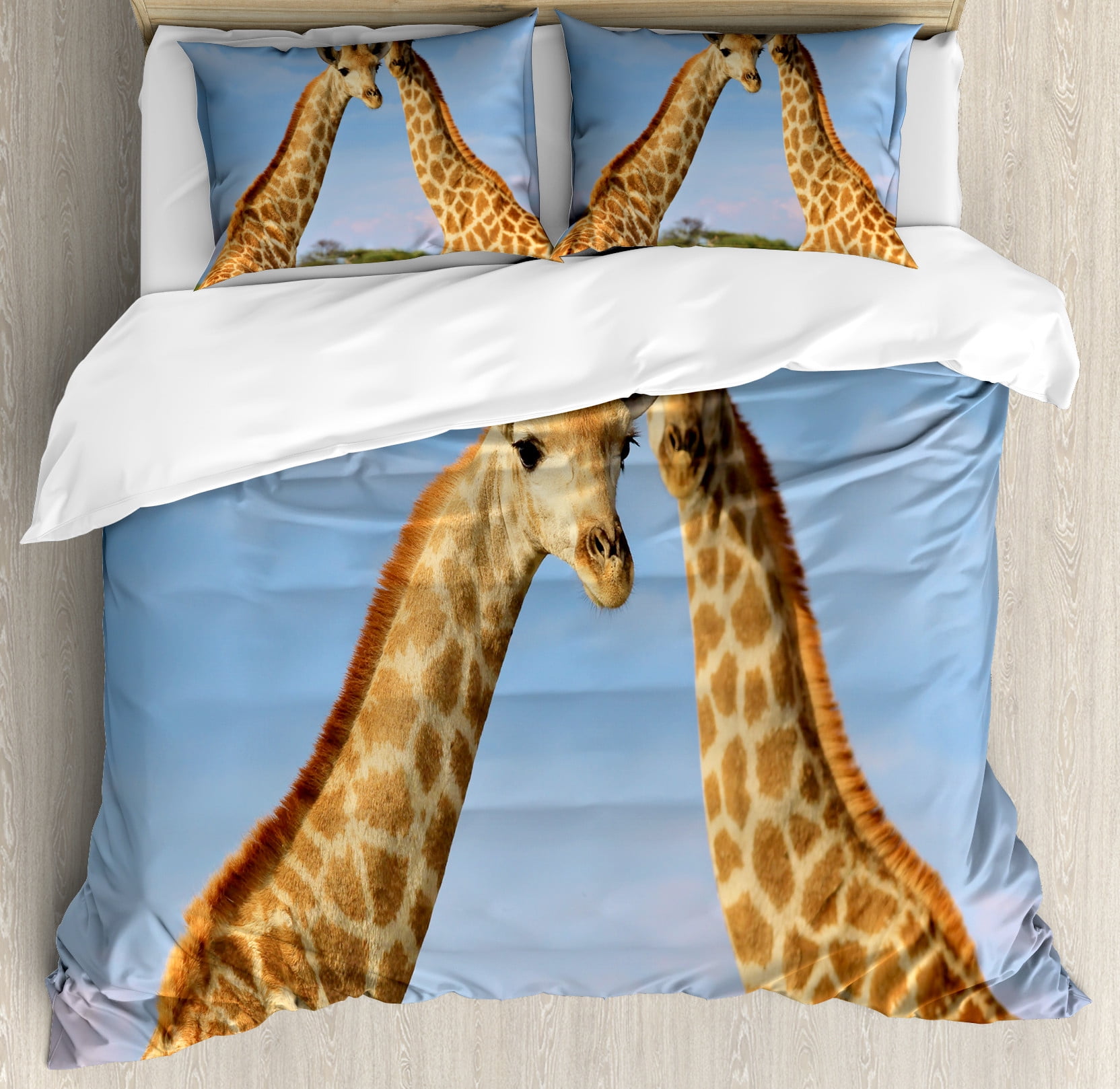 Giraffe Duvet Cover Set, Photo of Wild Animal Couple Clouds in Blurred ...