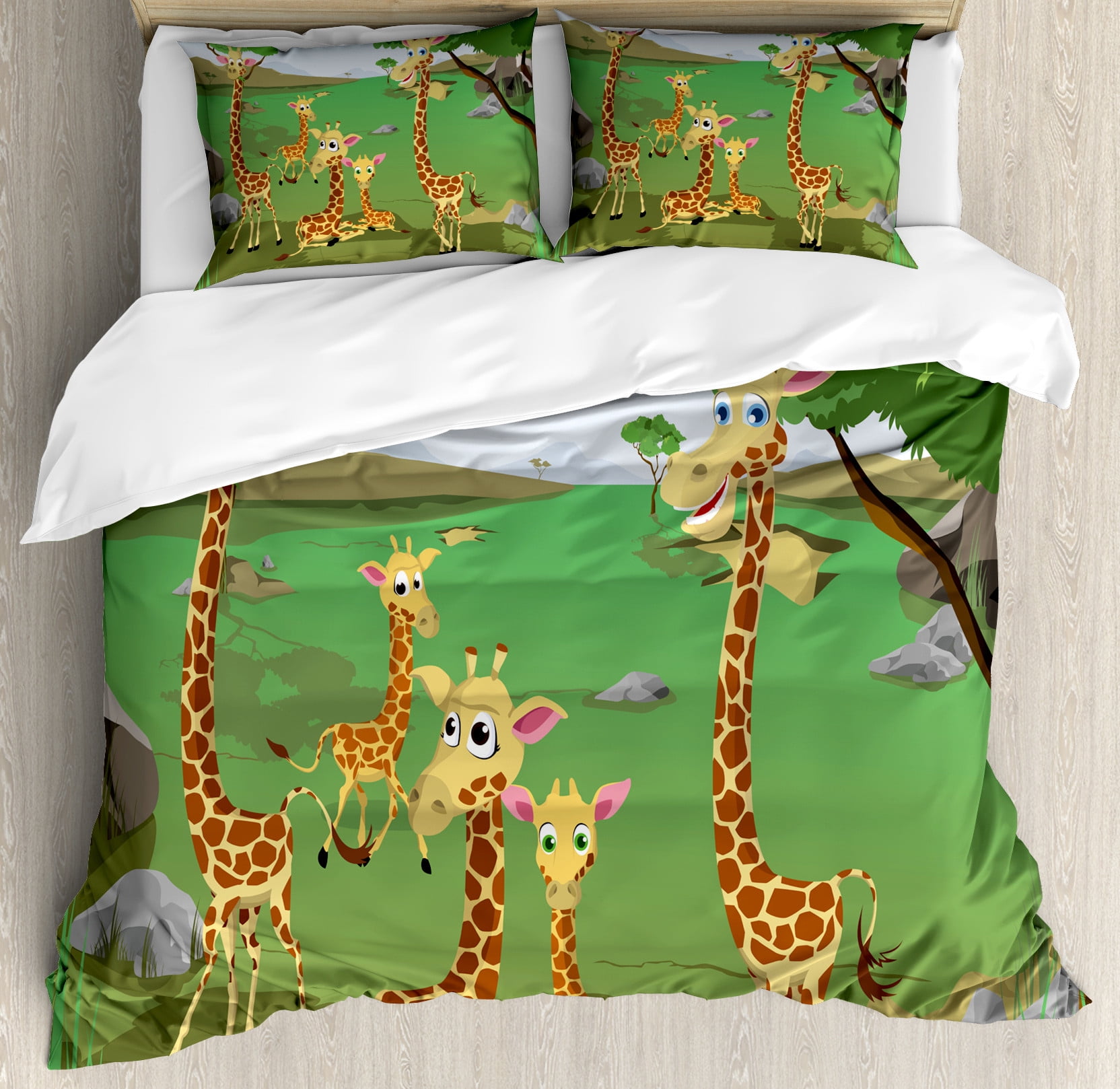 Giraffe Duvet Cover Set, Savannah Cartoon Fauna Trees Rocks on Green ...