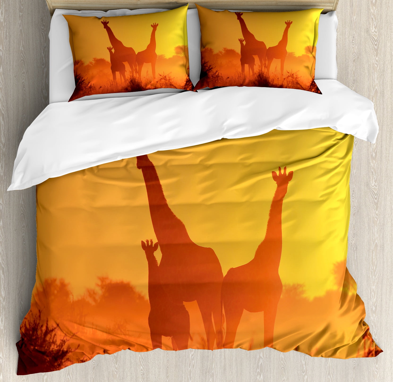 Giraffe Duvet Cover Set, Sunset with Indigenous Animals Photo ...