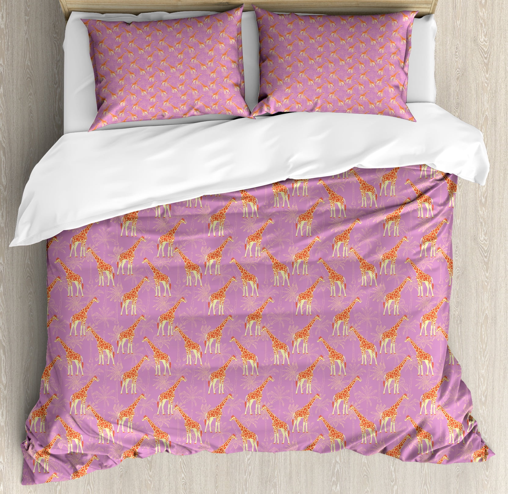 Giraffe Duvet Cover Set, Vibrant Long Necked Animal Silhouettes Forest ...