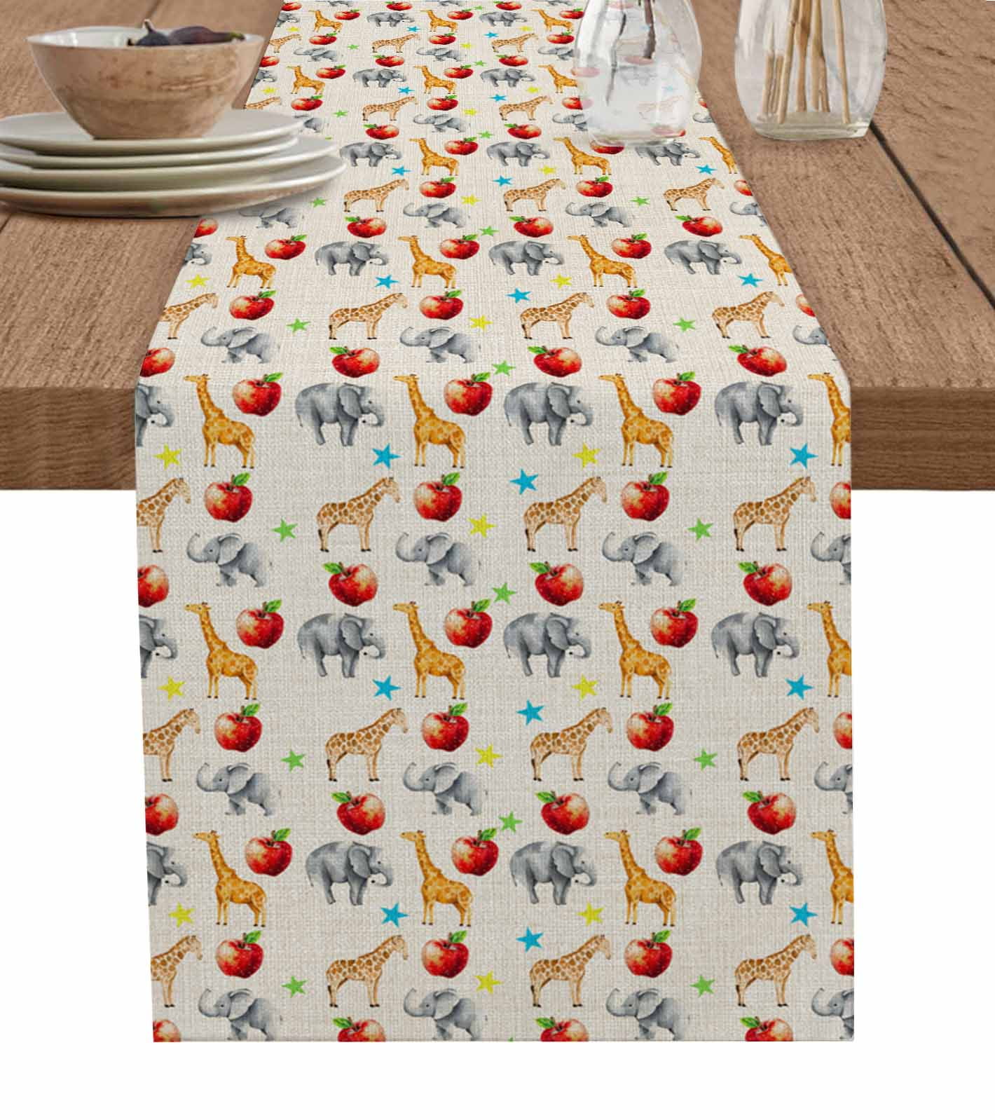 Giraffe Elephant Table Runner 70 Inches, Fruits Cute Linen Texture Bed ...