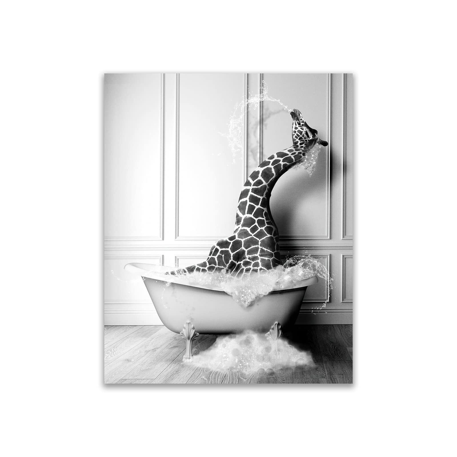 Giraffe Funny Bathroom Wall Decor - Giraffe In Bathtub Art Prints Black ...