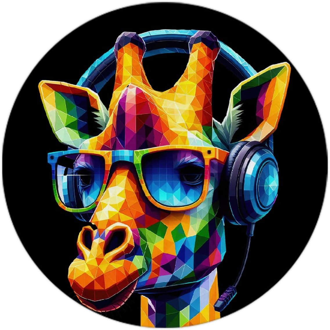 Giraffe Game Mouse Pad,Trendy Animal Neon Headphones Round Mouse Pad ...
