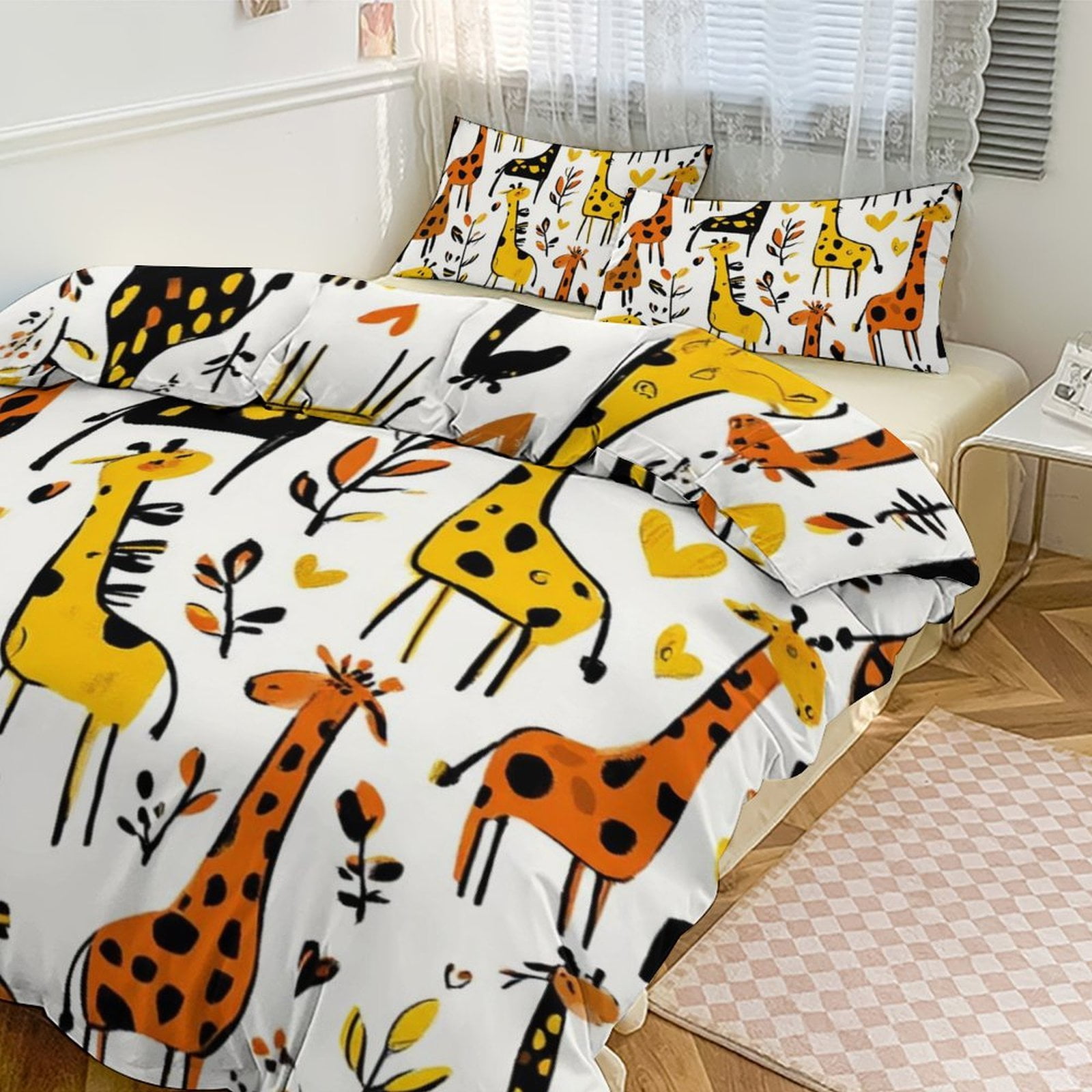 Giraffe Jungle Hearts Pattern 90"x90" 3 Pcs Soft Bedding Set Includes 1 ...