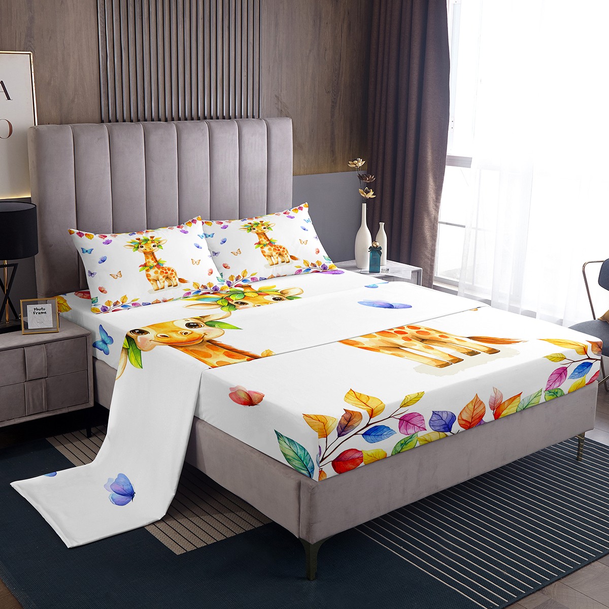 Giraffe King Sheets Watercolor Animals Bedding, Woodland Wildlife Bed ...