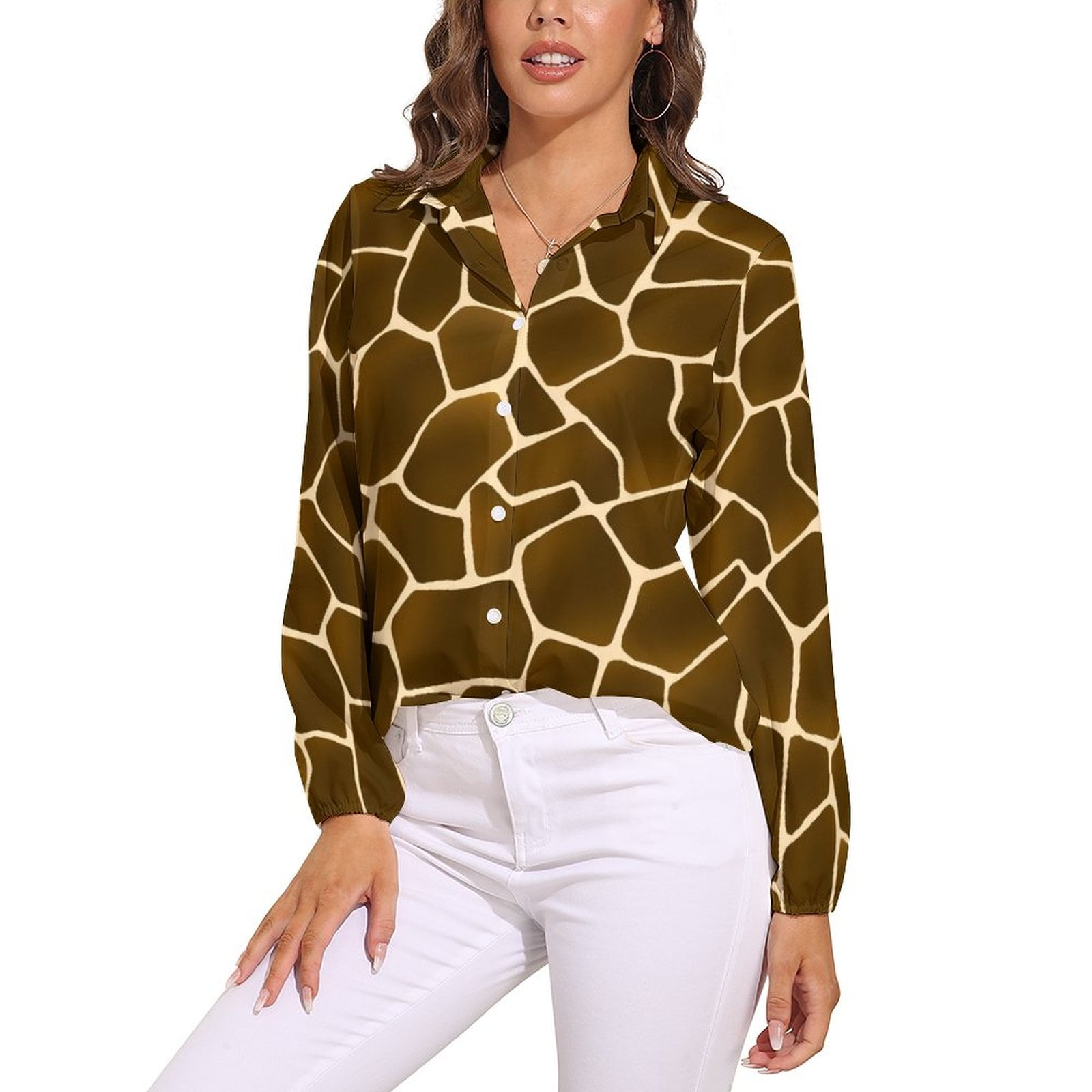 Giraffe Print Blouse Long Sleeve Wild Animal Office Work Blouses Woman ...