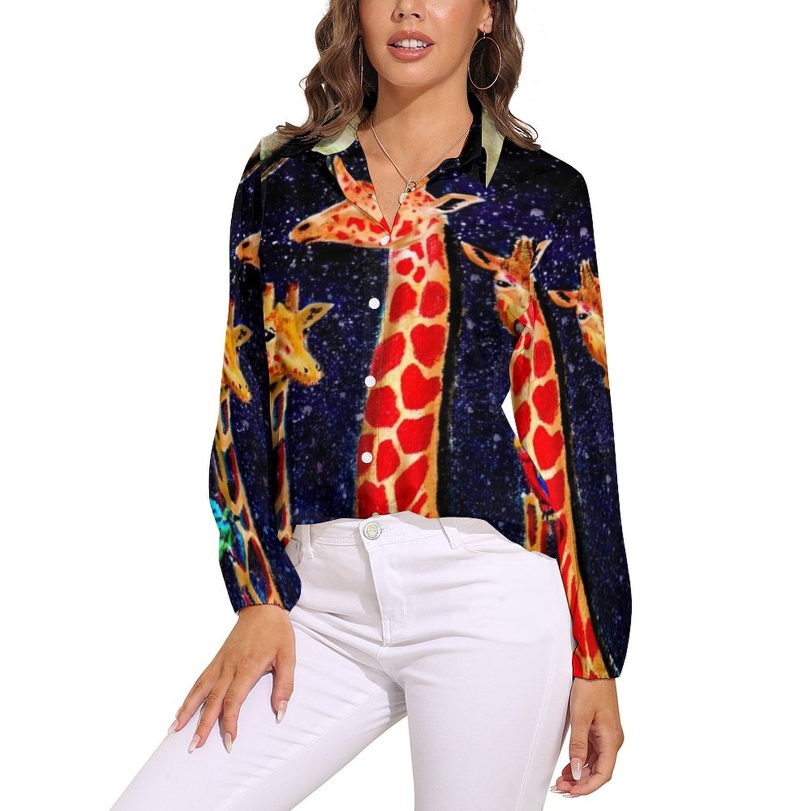 Giraffe Print Blouse Long Sleeve Wild Animal Office Work Blouses Woman ...