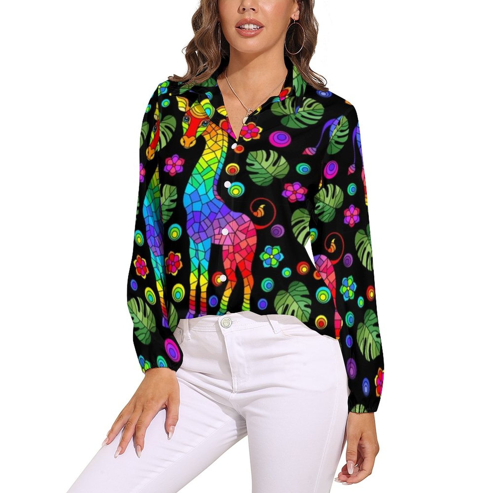 Giraffe Print Blouse Long Sleeve Wild Animal Office Work Blouses Woman ...
