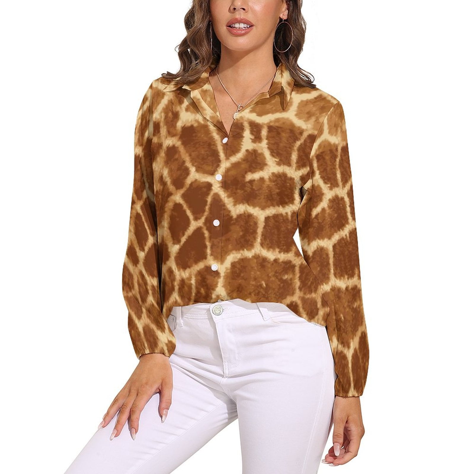 Giraffe Print Blouse Long Sleeve Wild Animal Office Work Blouses Woman ...