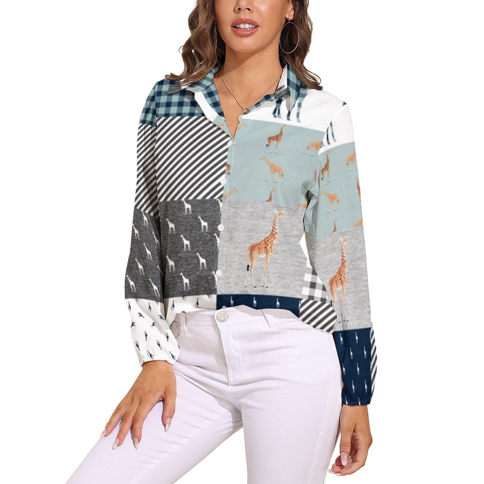 Giraffe Print Blouse Long Sleeve Wild Animal Office Work Blouses Woman ...