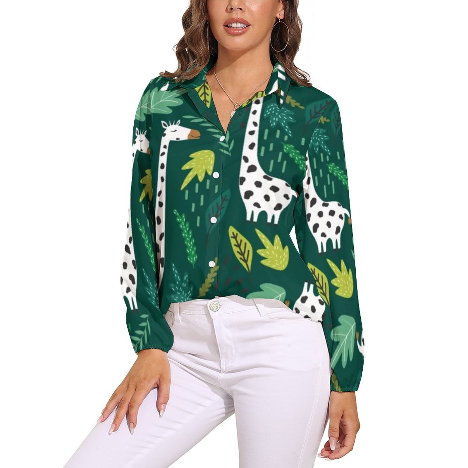 Giraffe Print Blouse Long Sleeve Wild Animal Office Work Blouses Woman ...