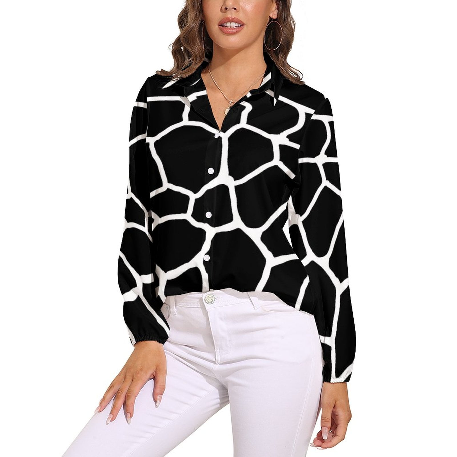 Giraffe Print Blouse Long Sleeve Wild Animal Office Work Blouses Woman ...