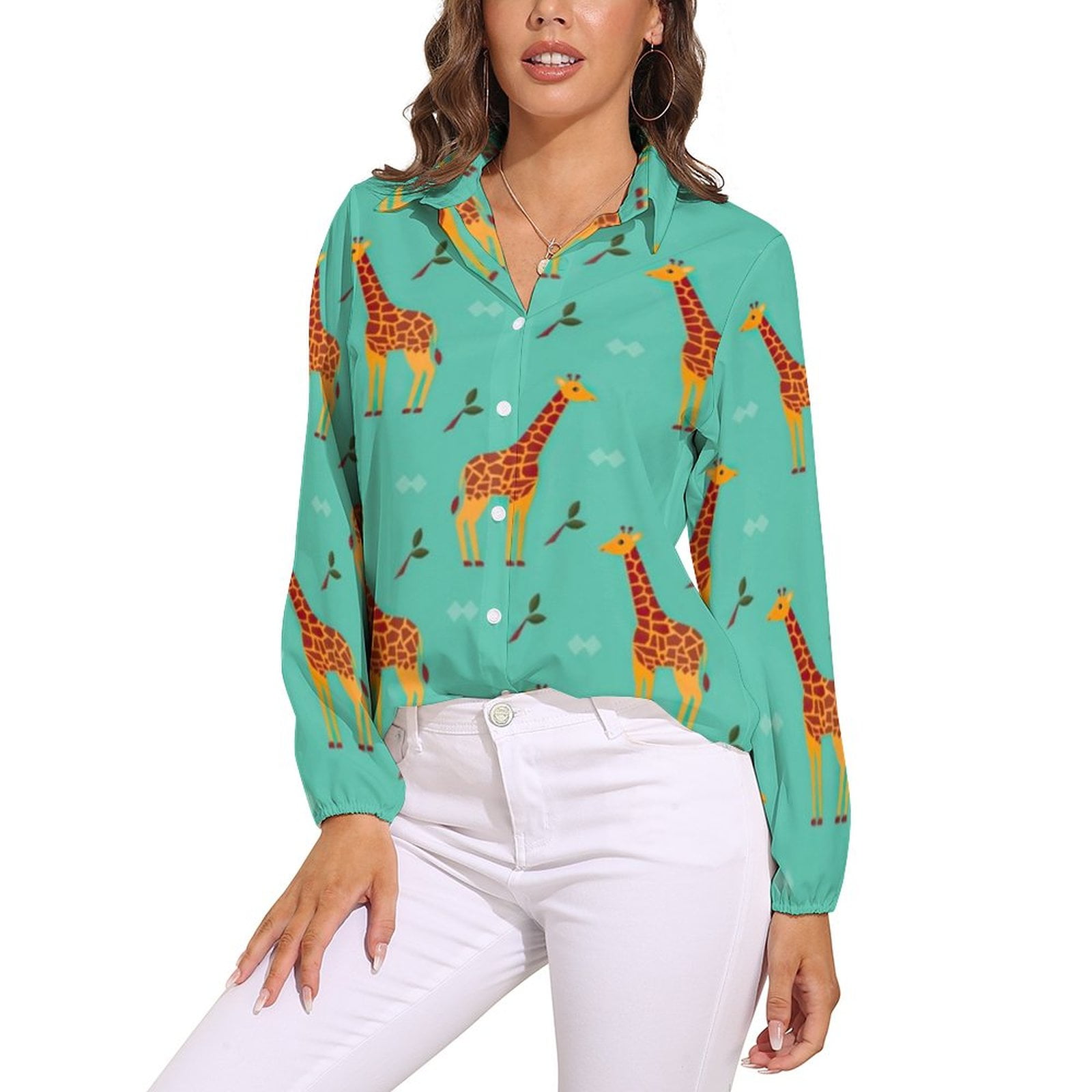 Giraffe Print Blouse Long Sleeve Wild Animal Office Work Blouses Woman ...