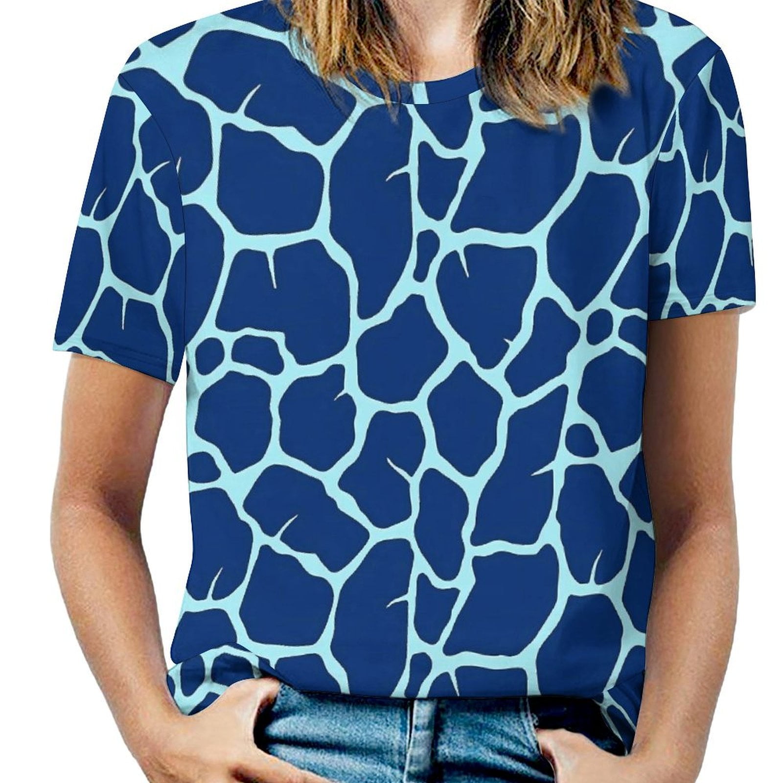 Giraffe Print T-Shirt Blue Animal Aesthetic T Shirts Short Sleeve ...
