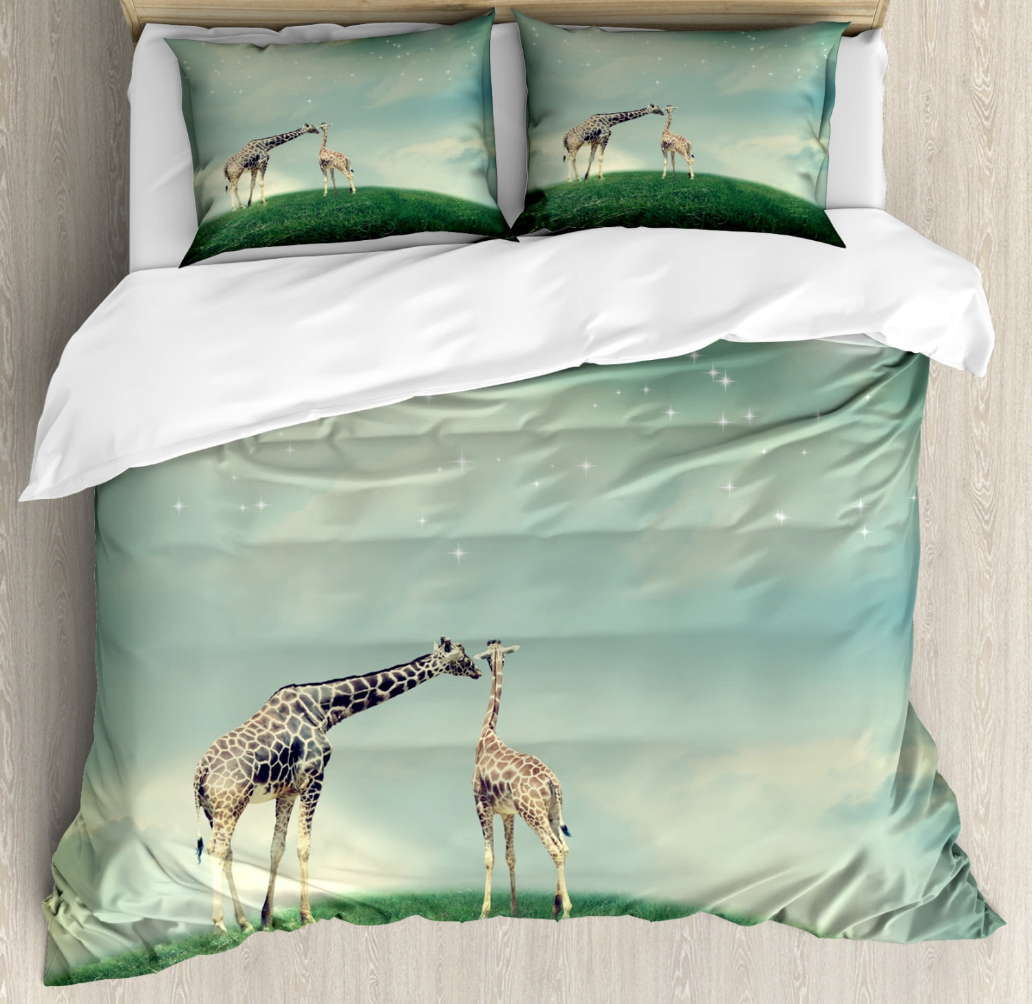 Giraffe Queen Size Duvet Cover Set, Mother Child Animal on Meadow ...