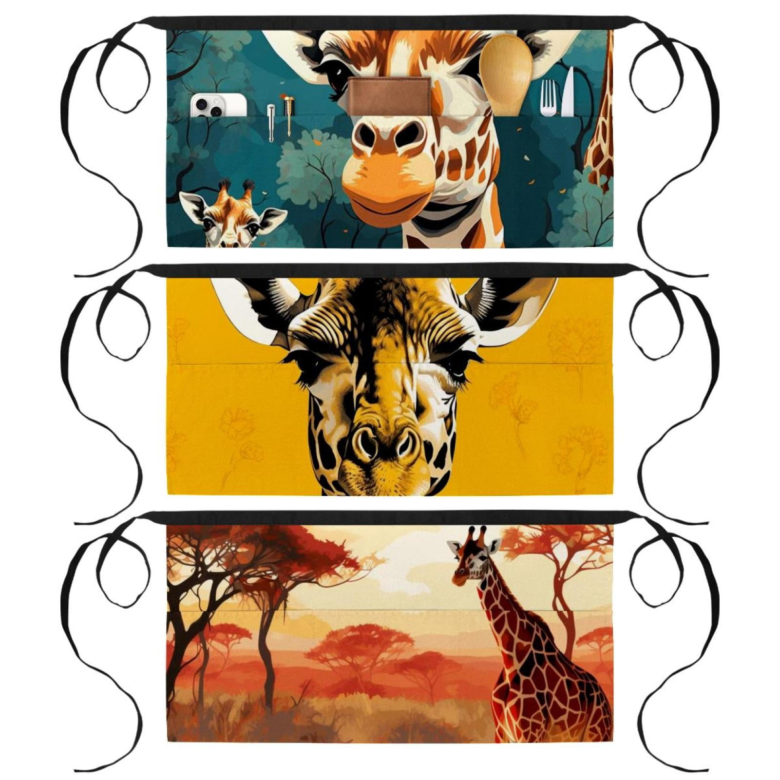 Giraffe Server Aprons with Long Waist Ties Reinforced Seams, 3 Pockets ...