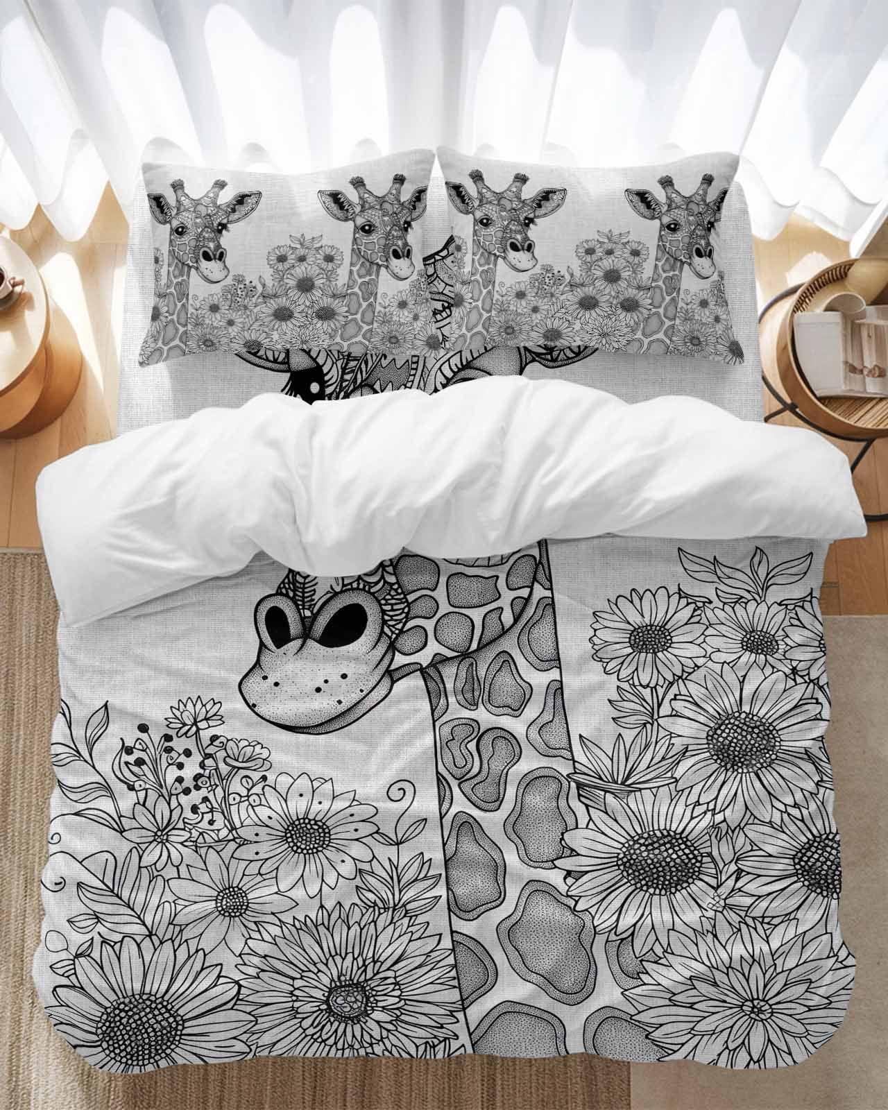 Giraffe Sunflowers Bedding Duvet Cover Set King Size 4 Pieces Black ...