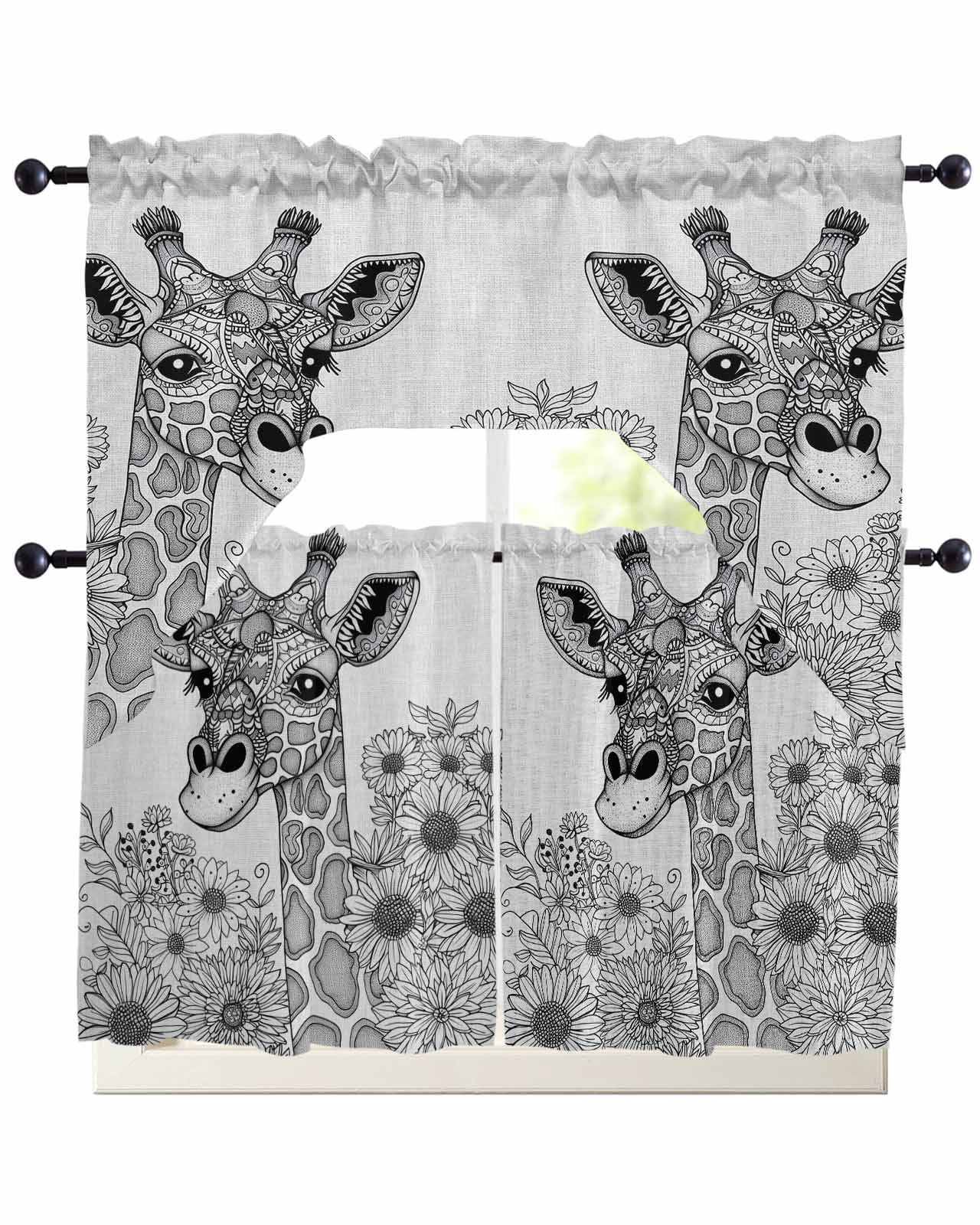 Giraffe Sunflowers Swag Valance and Tier Curtains Set Black White ...