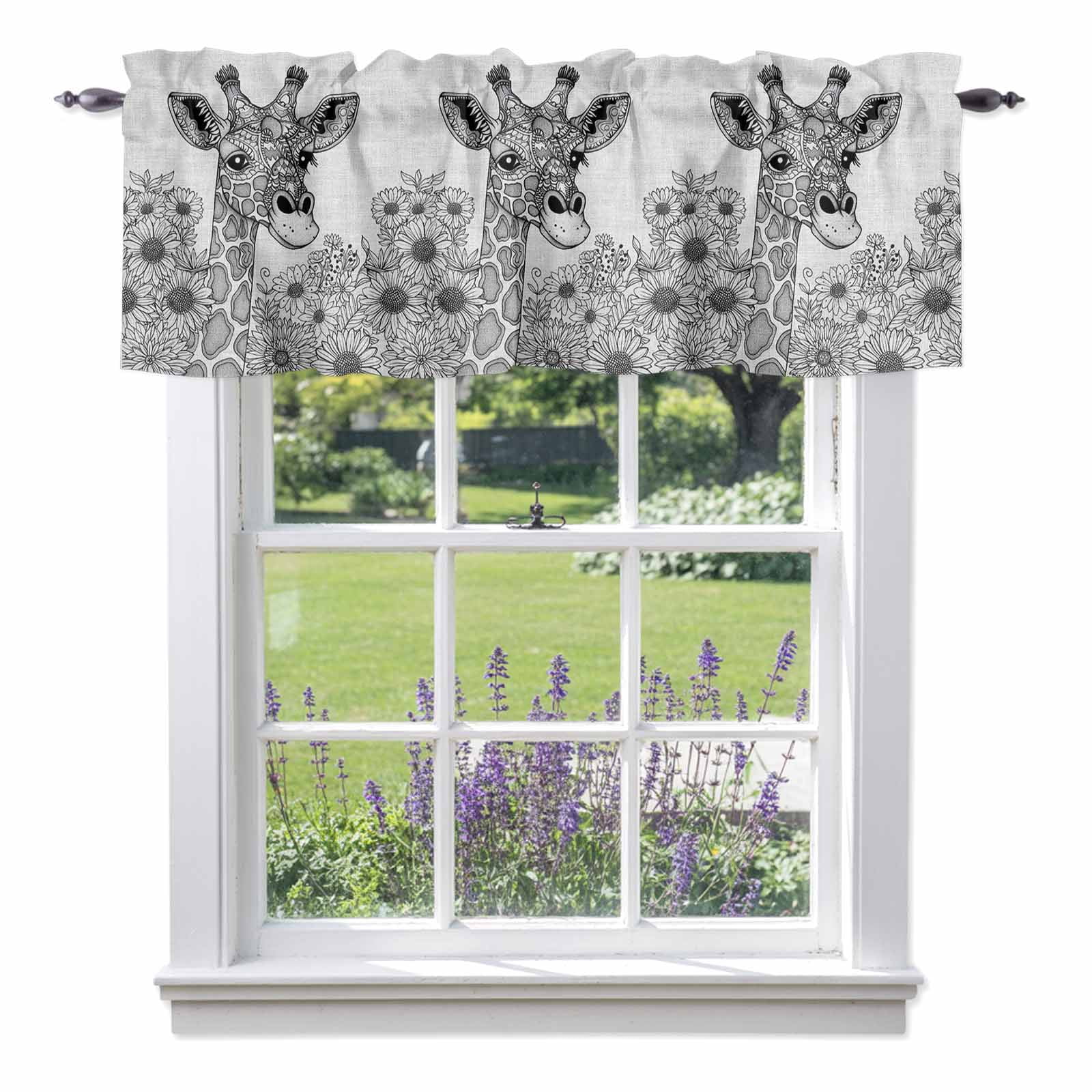 Giraffe Sunflowers Valances for Windows, Black White Geometric Pattern ...