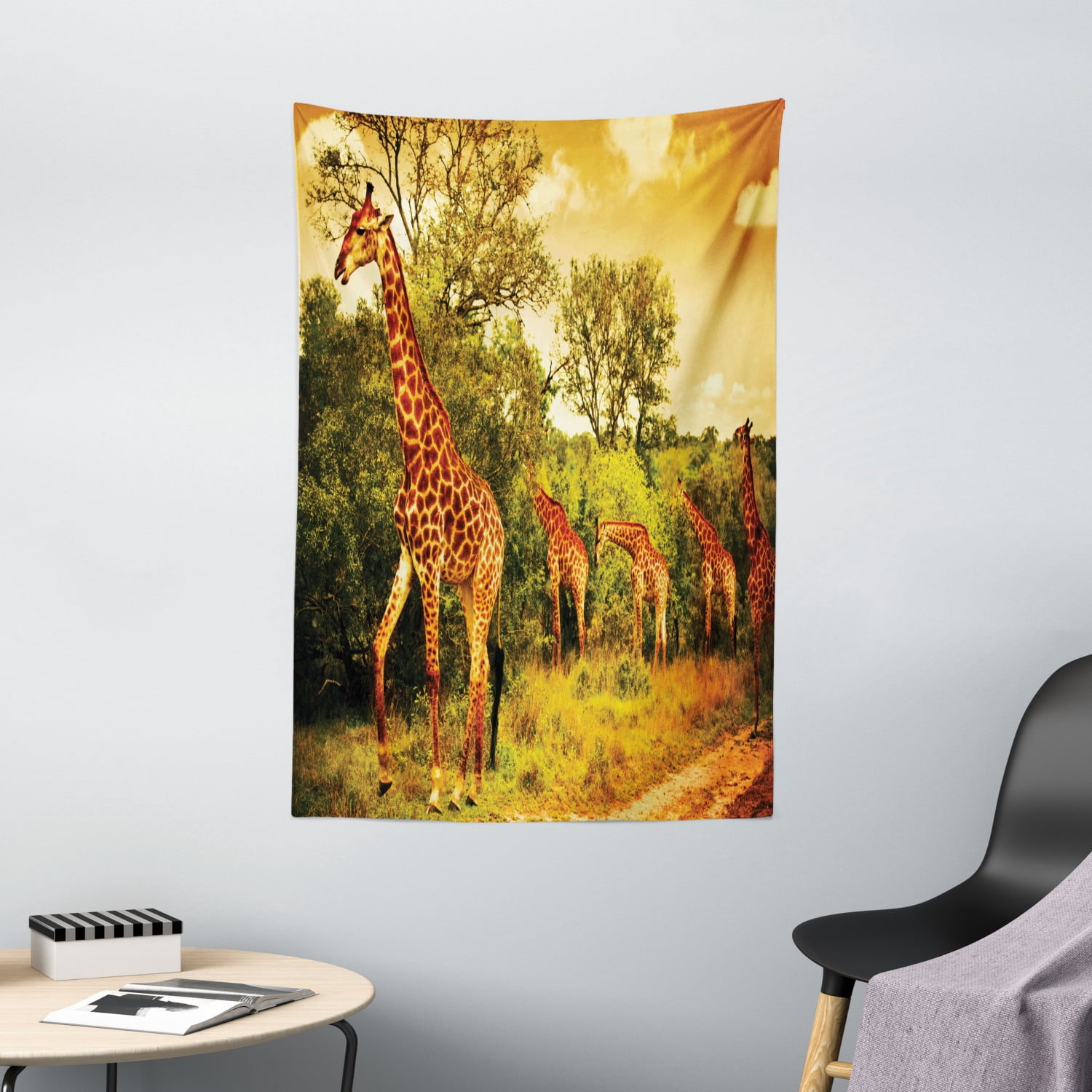 Giraffe Tapestry, African Safari Animals Walking in the Green Forest ...